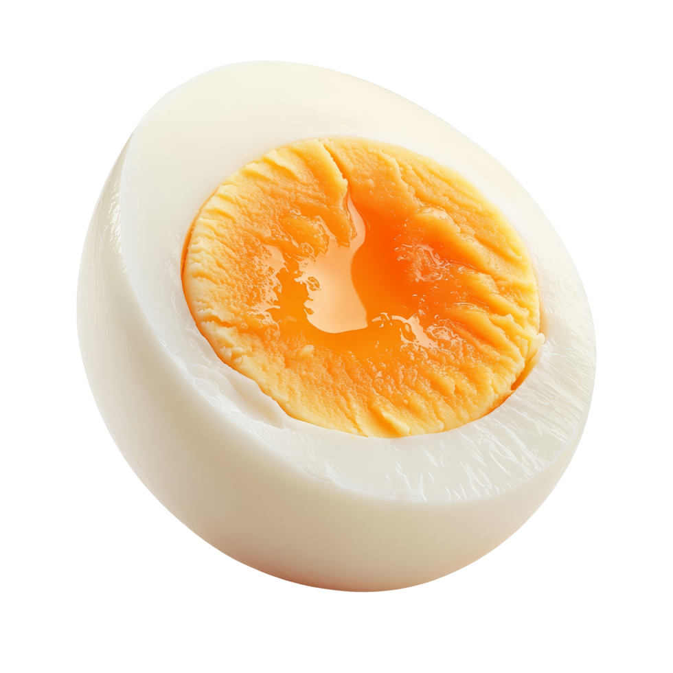 Boiled egg cut in half on a transparent background showcasing its soft yolk and smooth texture ...