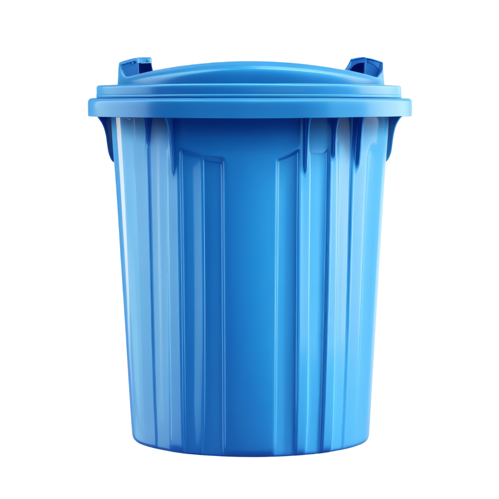 A blue rubbish bin positioned against a plain transparent background for waste disposal purposes ...