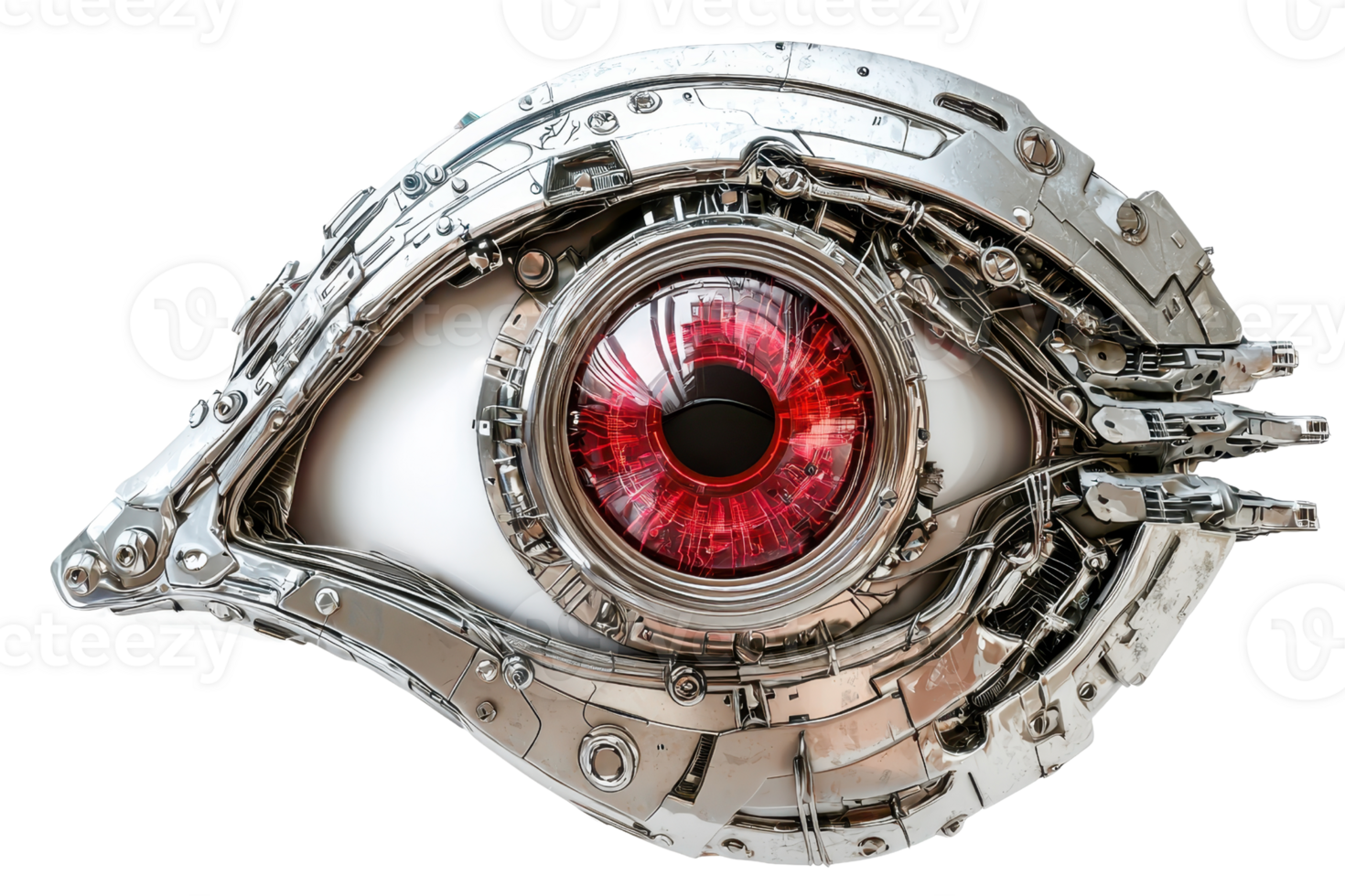 A highly detailed robotic eye featuring a metallic exterior and a striking red iris. 54954832 PNG