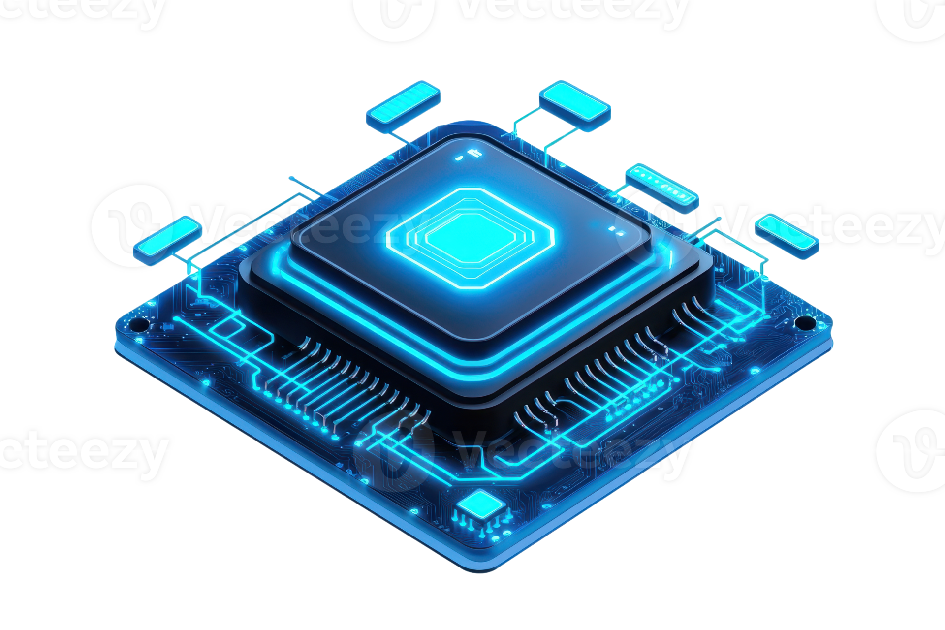 A stylized microprocessor design featuring glowing elements and ...