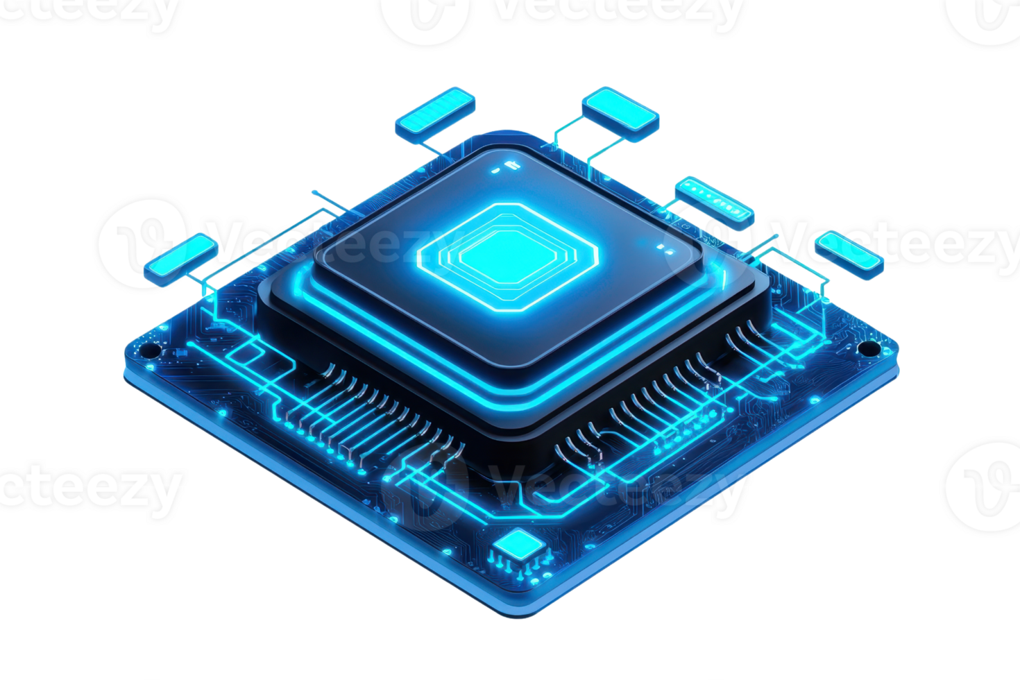 A stylized microprocessor design featuring glowing elements and ...