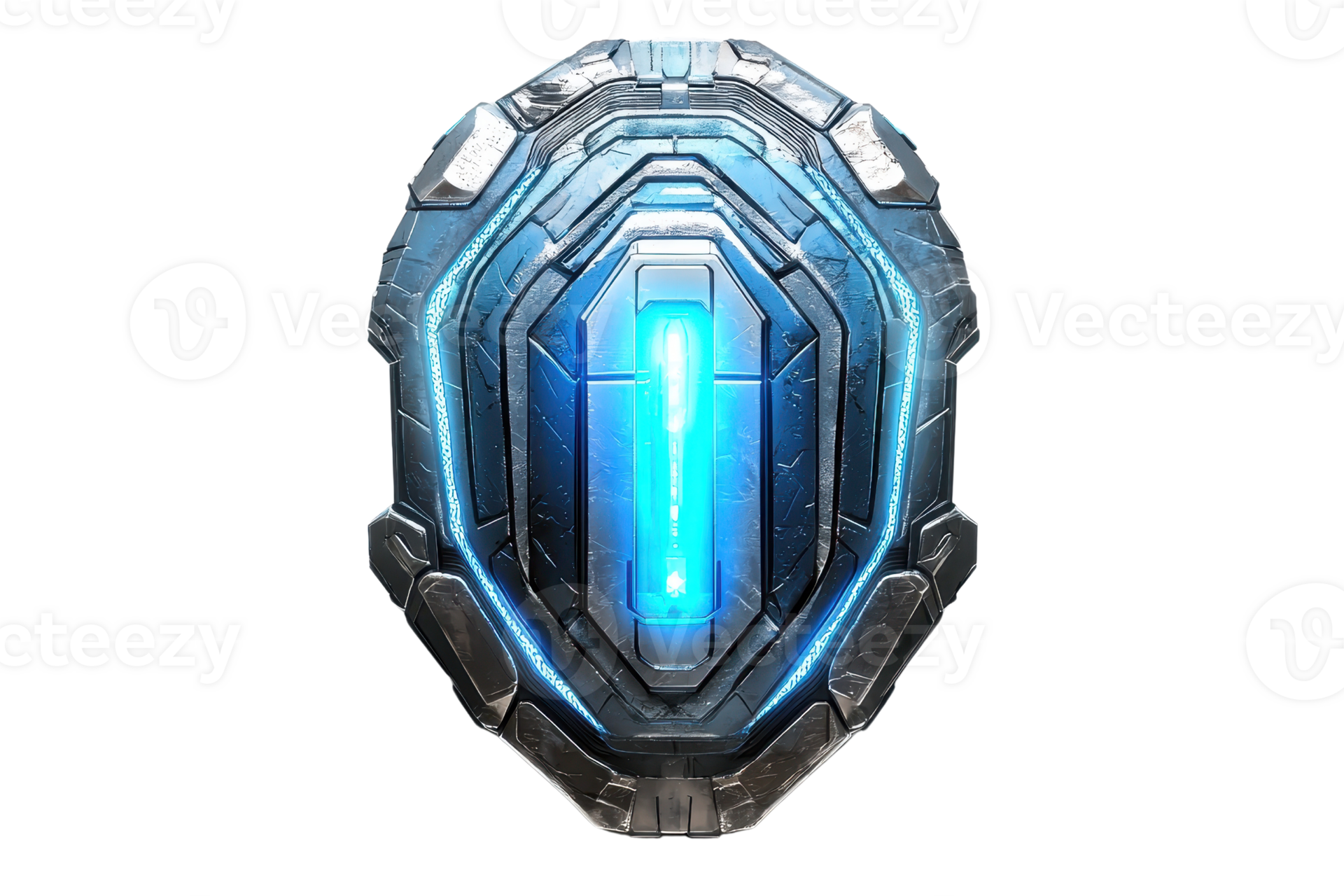 A futuristic shield with a glowing blue core, featuring a sleek ...