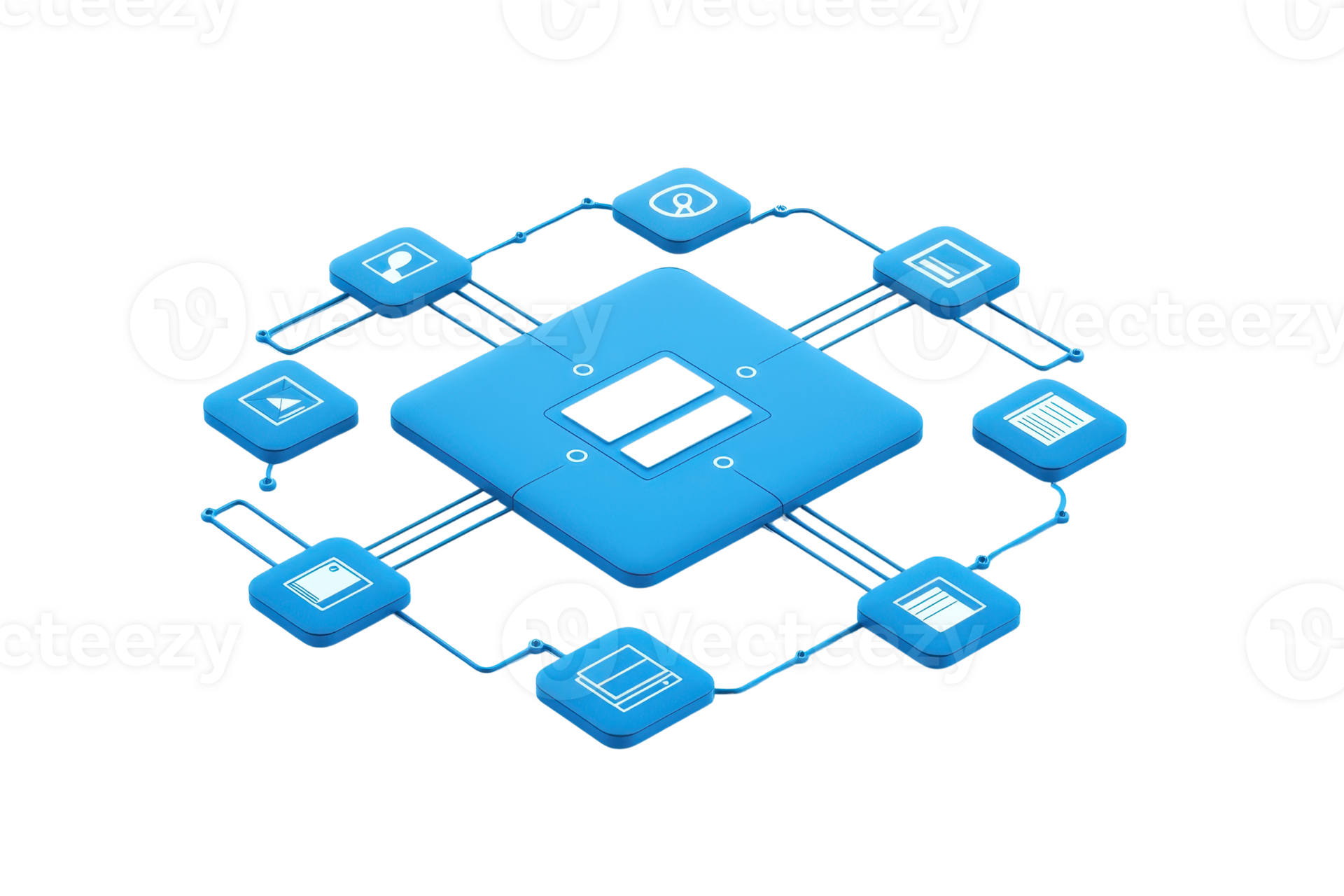 A central blue symbol is connected to various iconographic elements, representing a digital ...