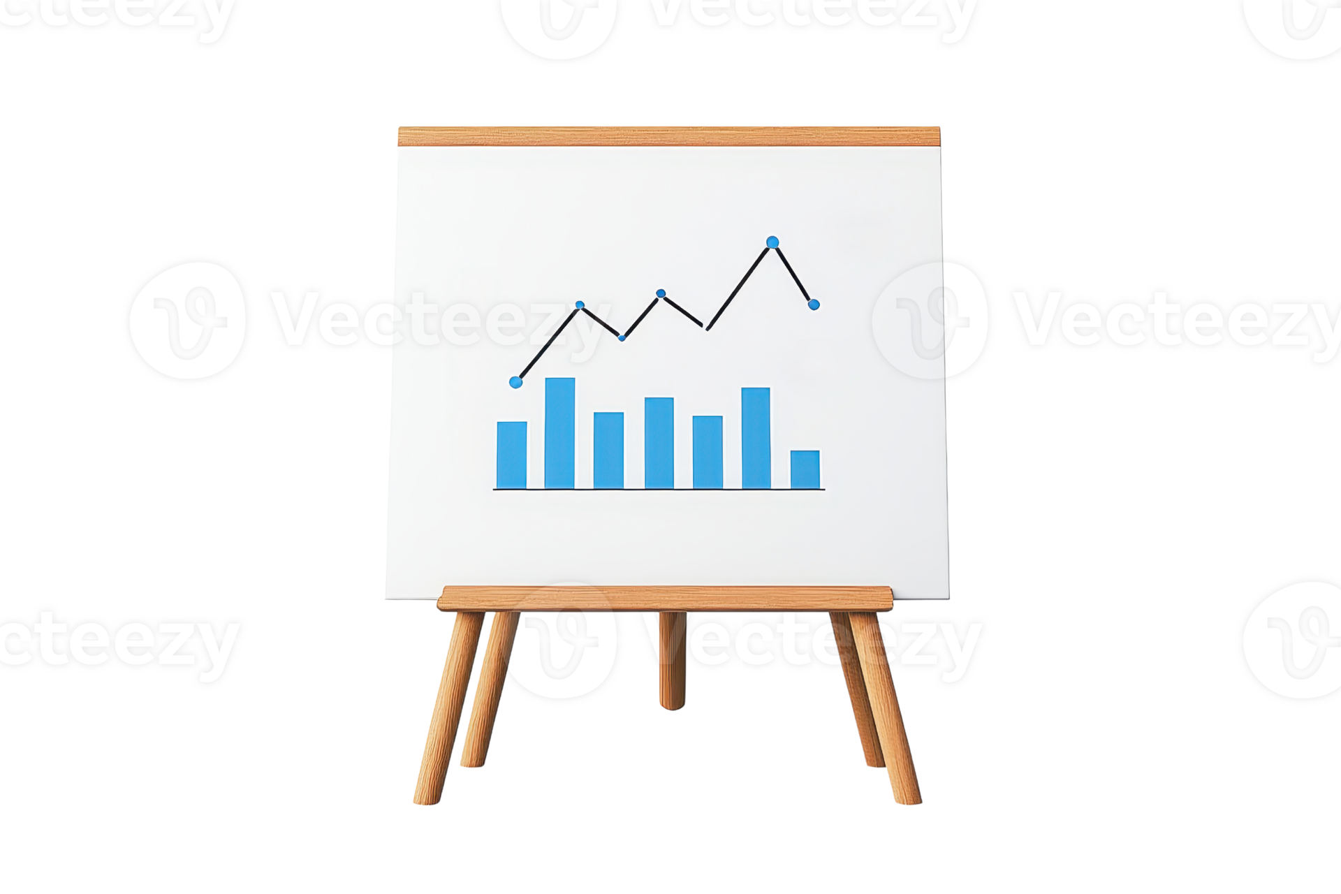 A chart displaying a line graph and bar graph illustrating data trends on a presentation easel ...