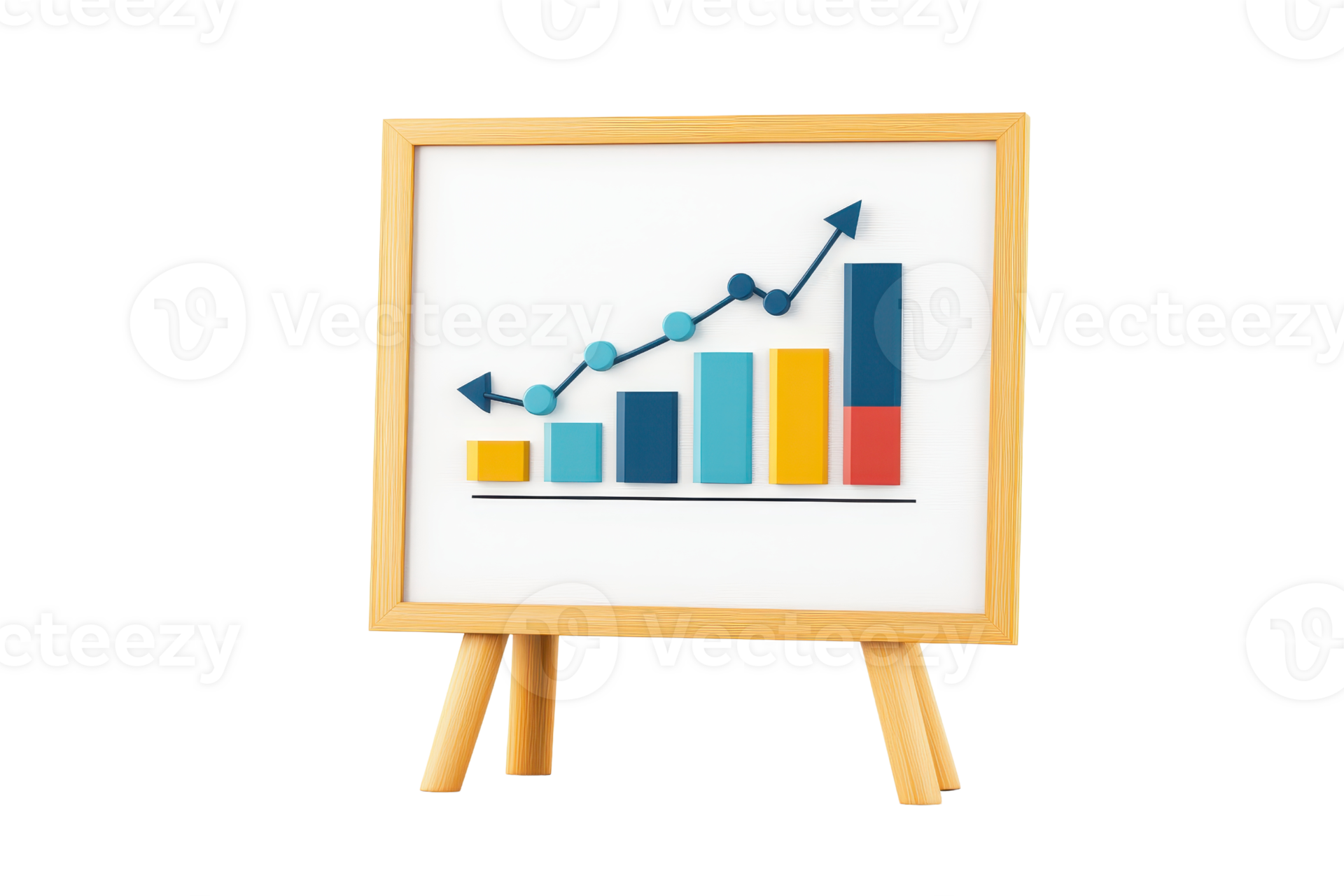A framed chart on an easel displaying a rising graph with colorful bars ...