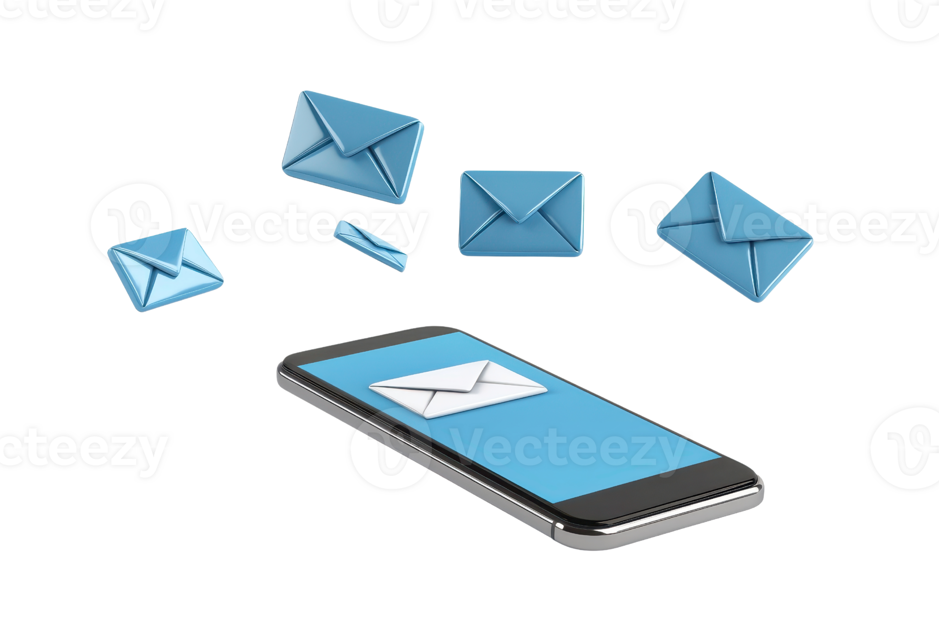 A smartphone displaying an envelope icon with floating blue envelopes ...