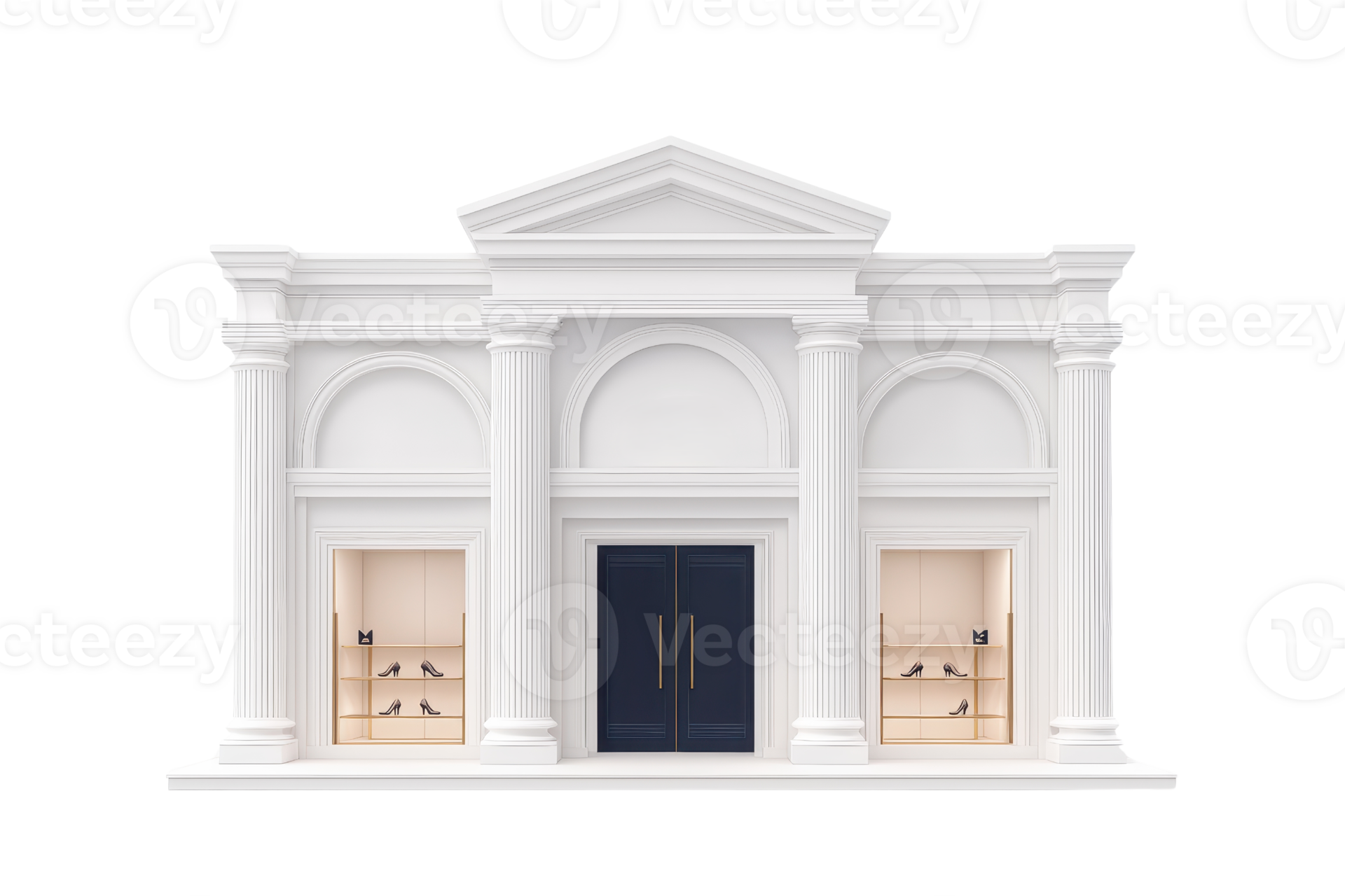 A grand architectural structure featuring classical columns, an ornate pediment, and two display ...