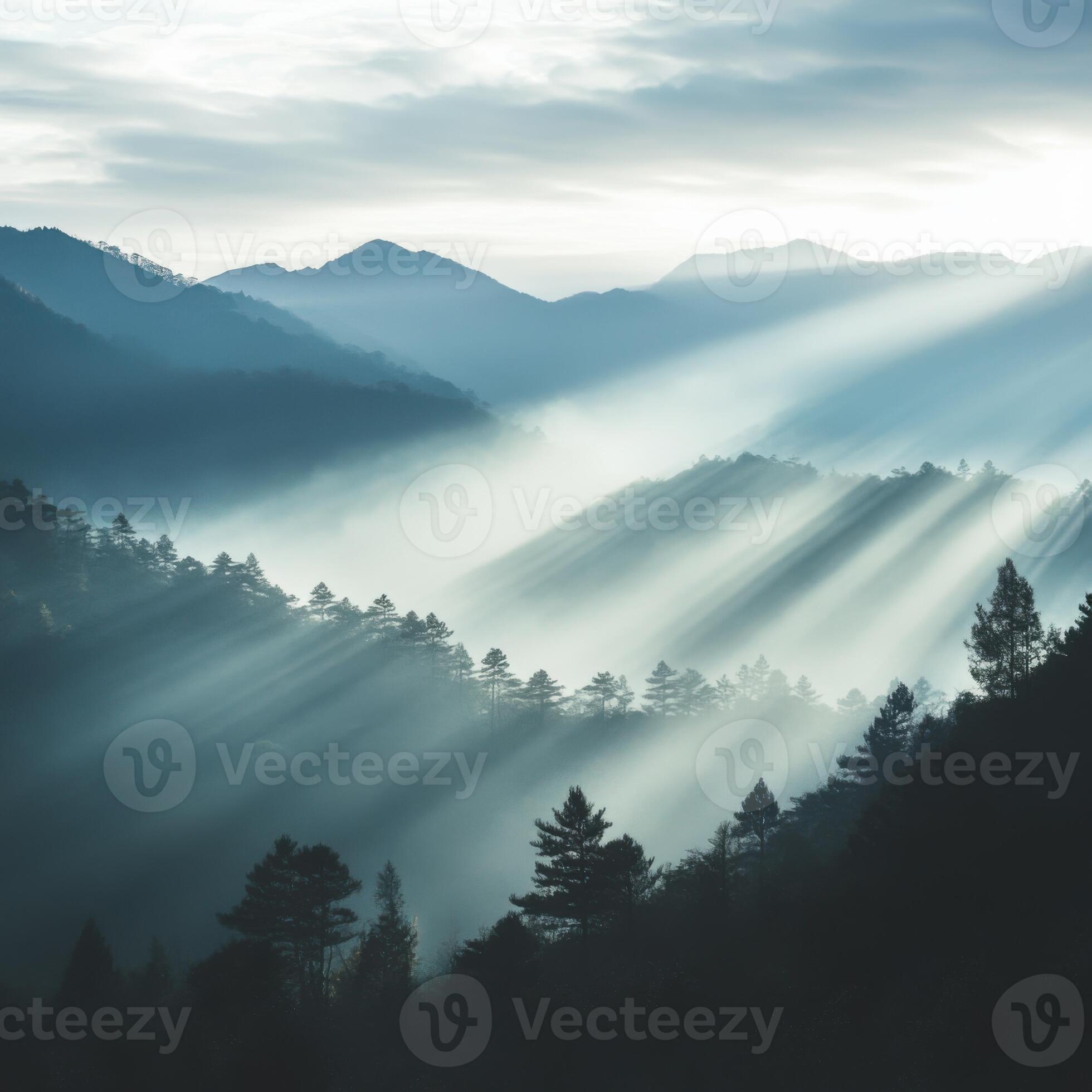 Misty mountain landscape with sun rays illuminating the forest at dawn in a serene natural ...