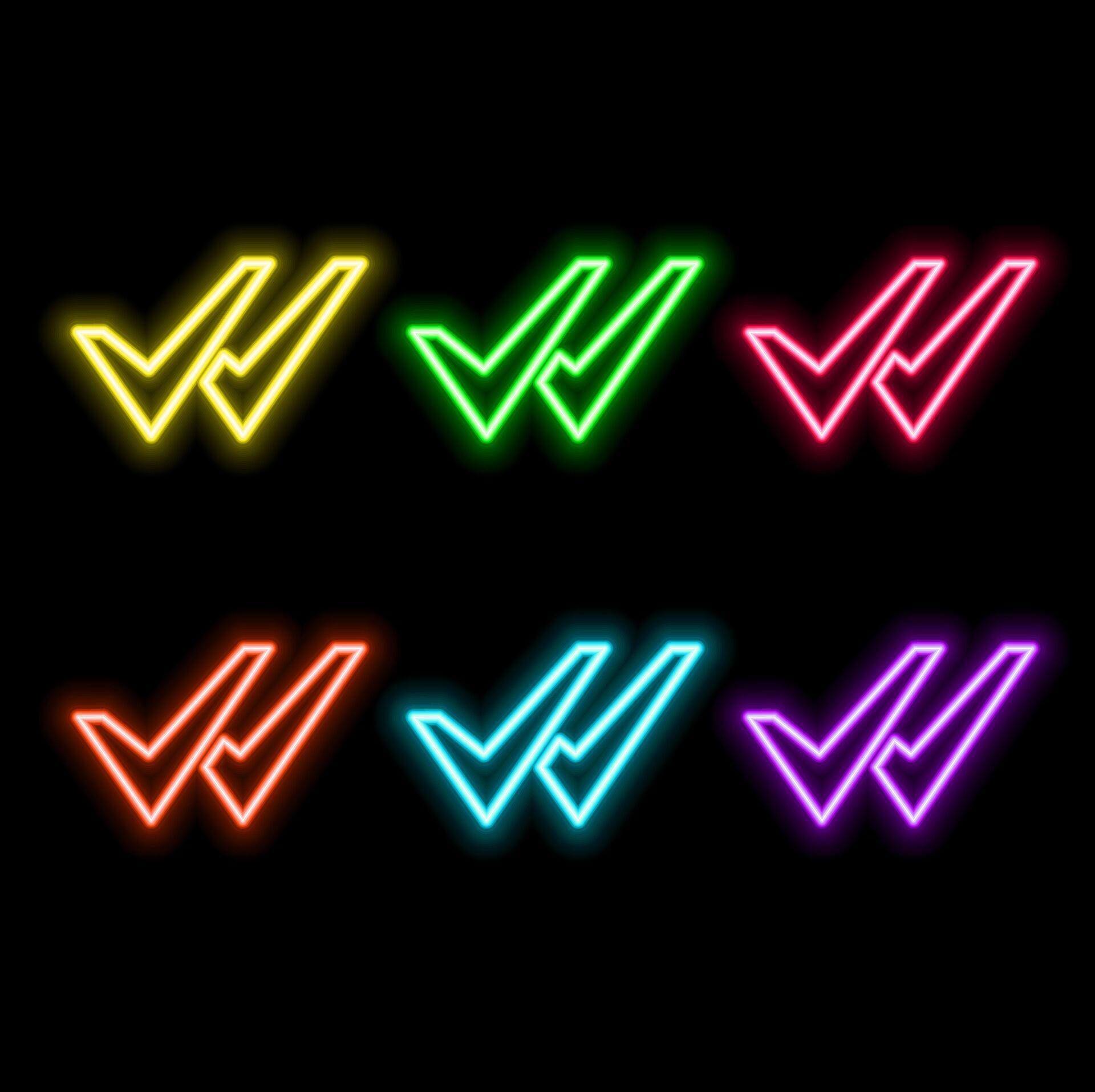 Laptop with checkmark or tick notificatione. Neon icon. Approved choice. Accept or approve ...