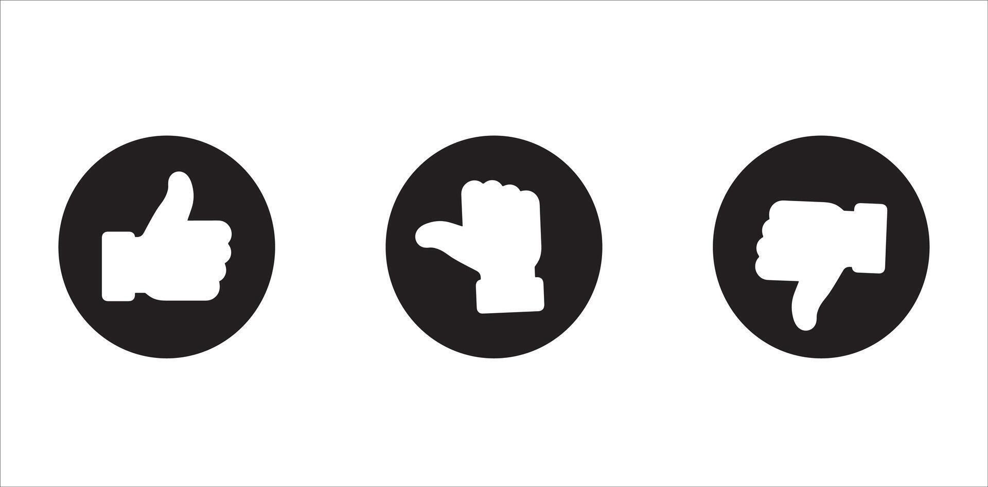 Like, dislike and neutral thumb symbols in white and black circle. Feedback and rating thumbs up ...