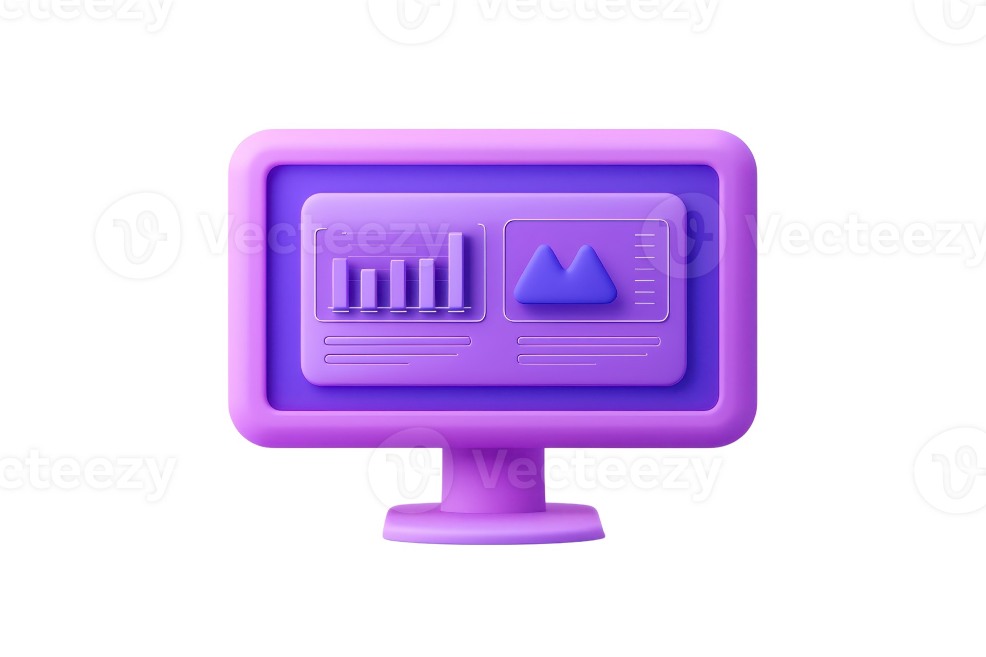 A purple computer monitor displaying data visuals, including a bar graph and line graph ...