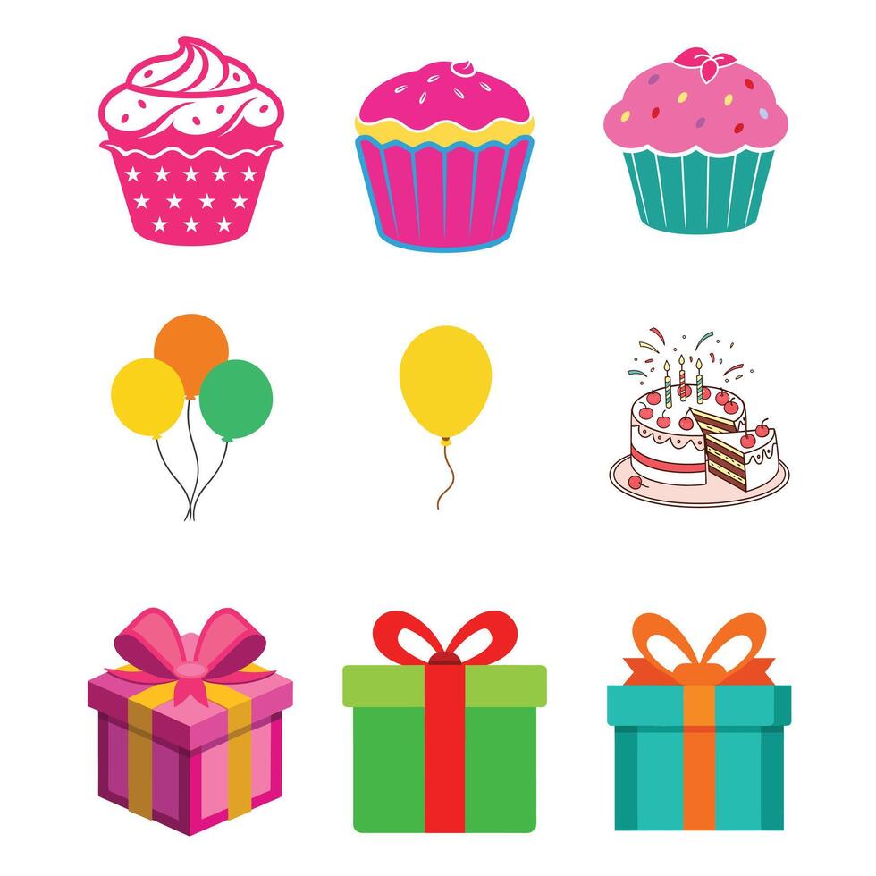 Colorful Birthday Celebration Design Bundle with Cupcakes, Balloons ...