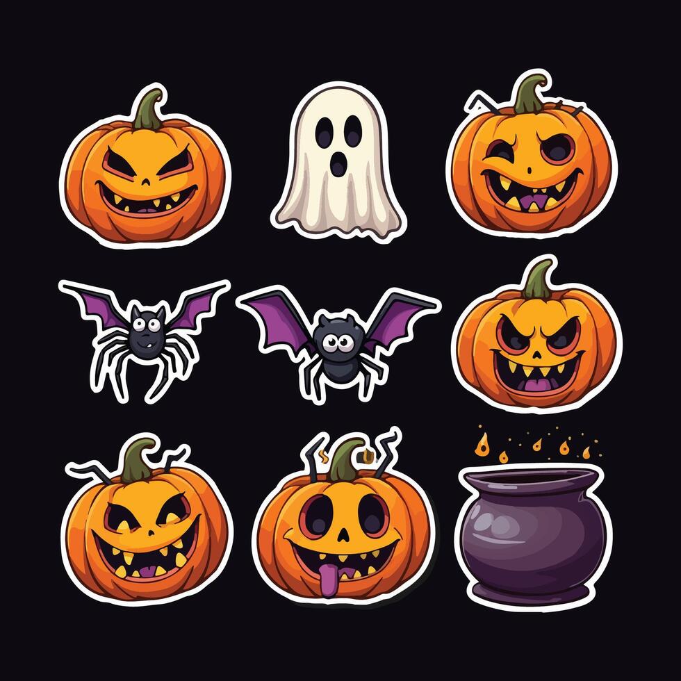 Dark Halloween bundle illustration with pumpkins, ghosts, bats, spiders ...