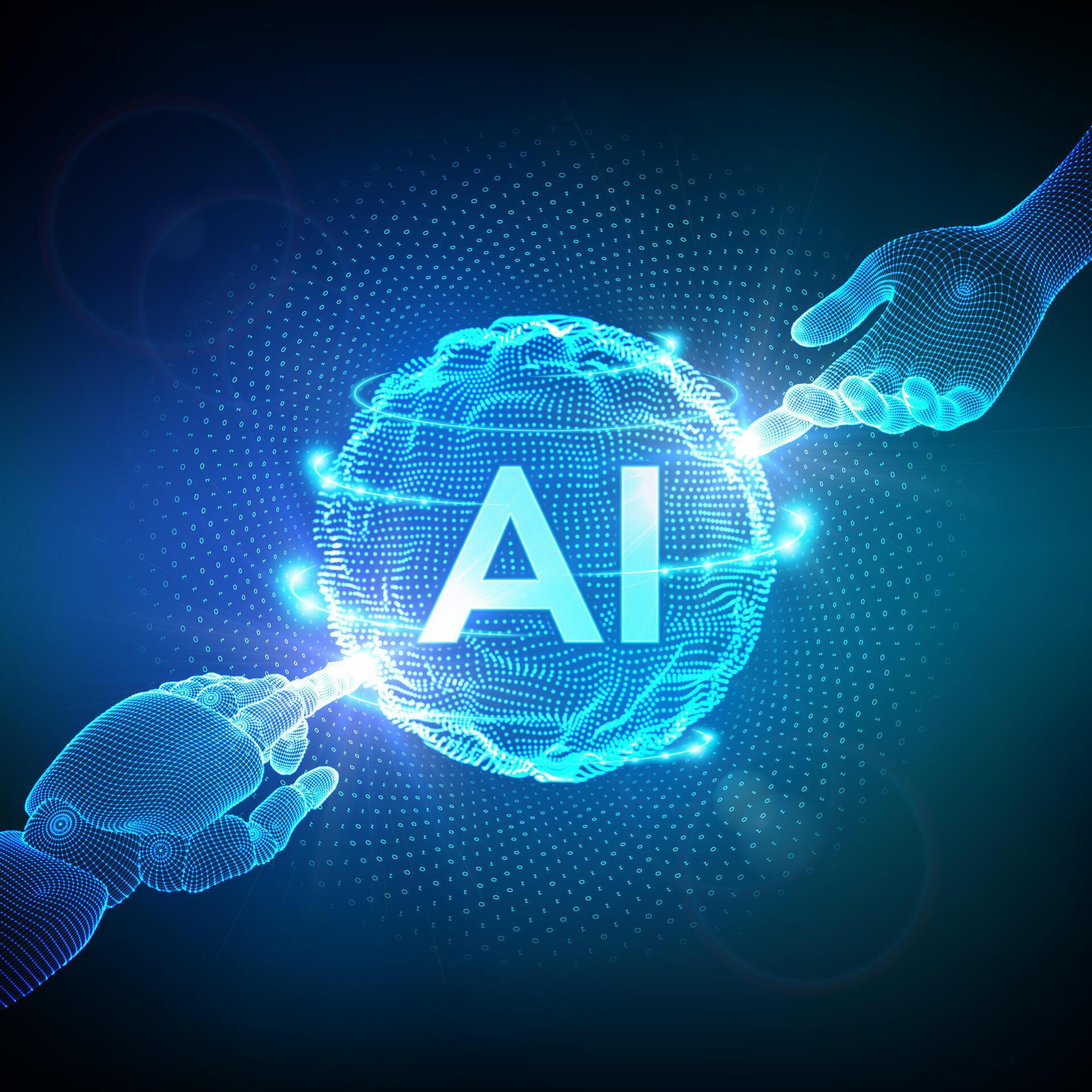 AI. Artificial Intelligence. Hands of Robot and Human touching sphere grid wave with binary code ...