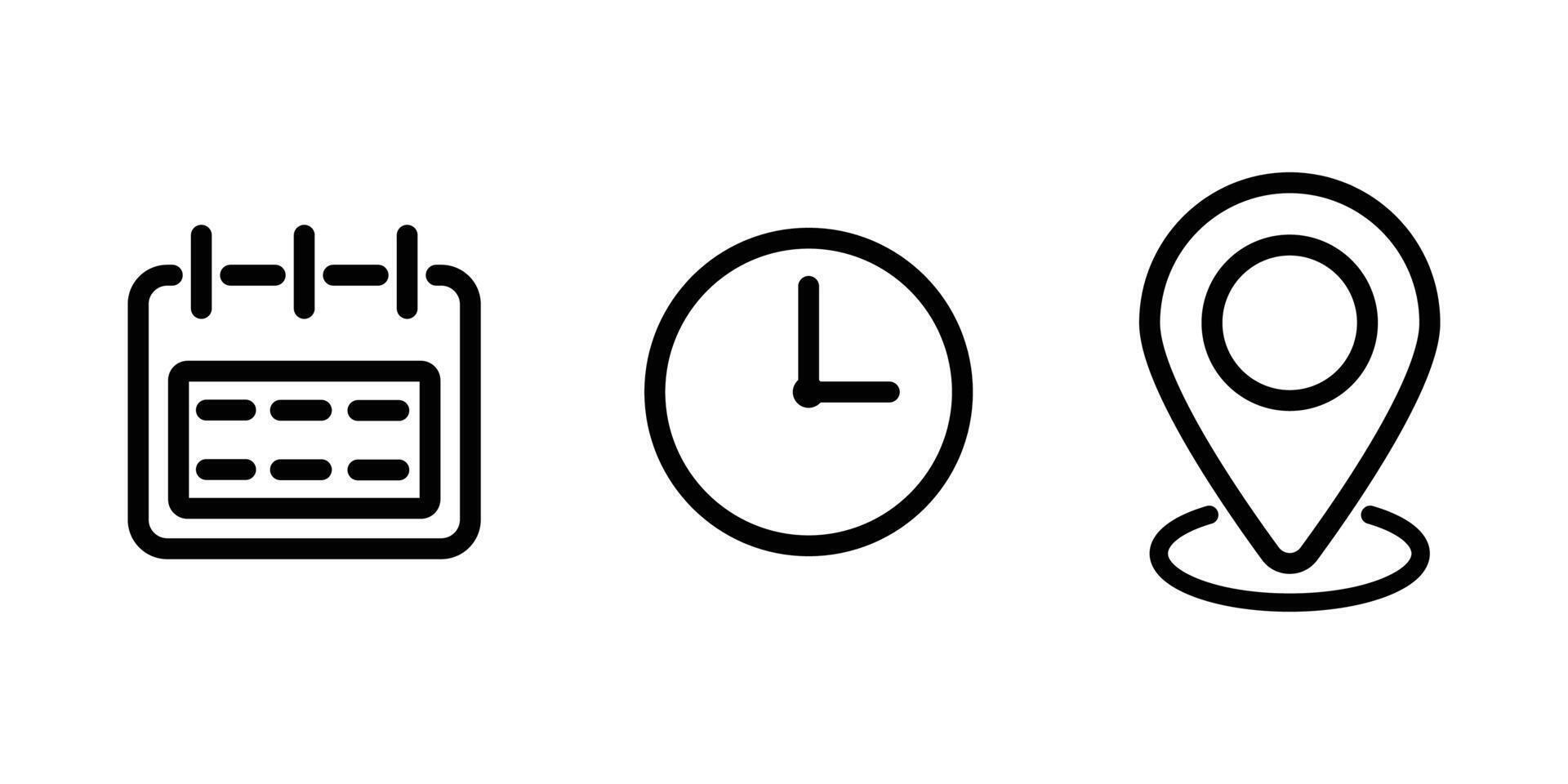Time, date and address icon set. Calendar, clock, location. Linear outline illustration ...