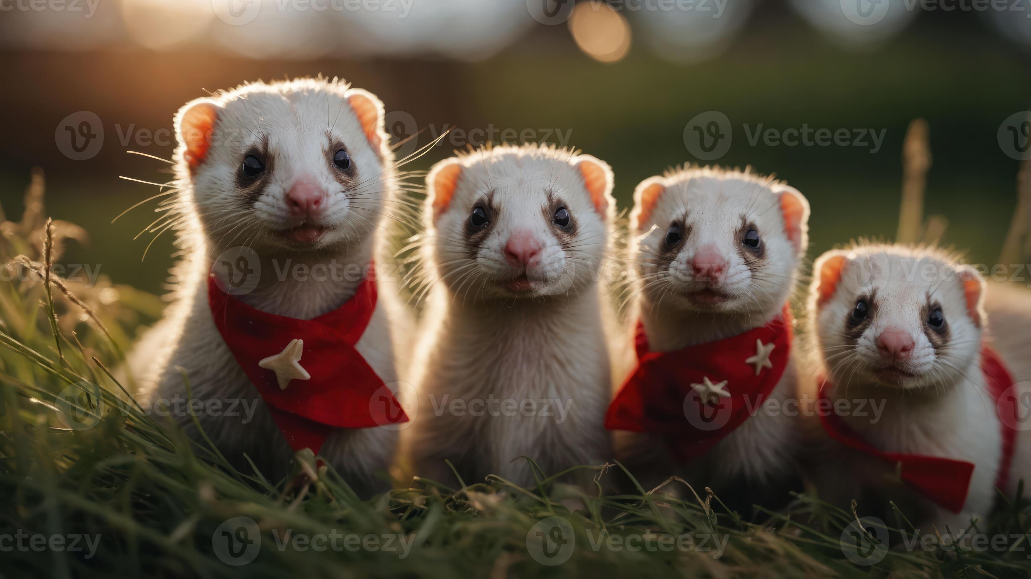 Four ferrets wearing red scarves pose together in a grassy field during sunset. 55015233 Stock ...