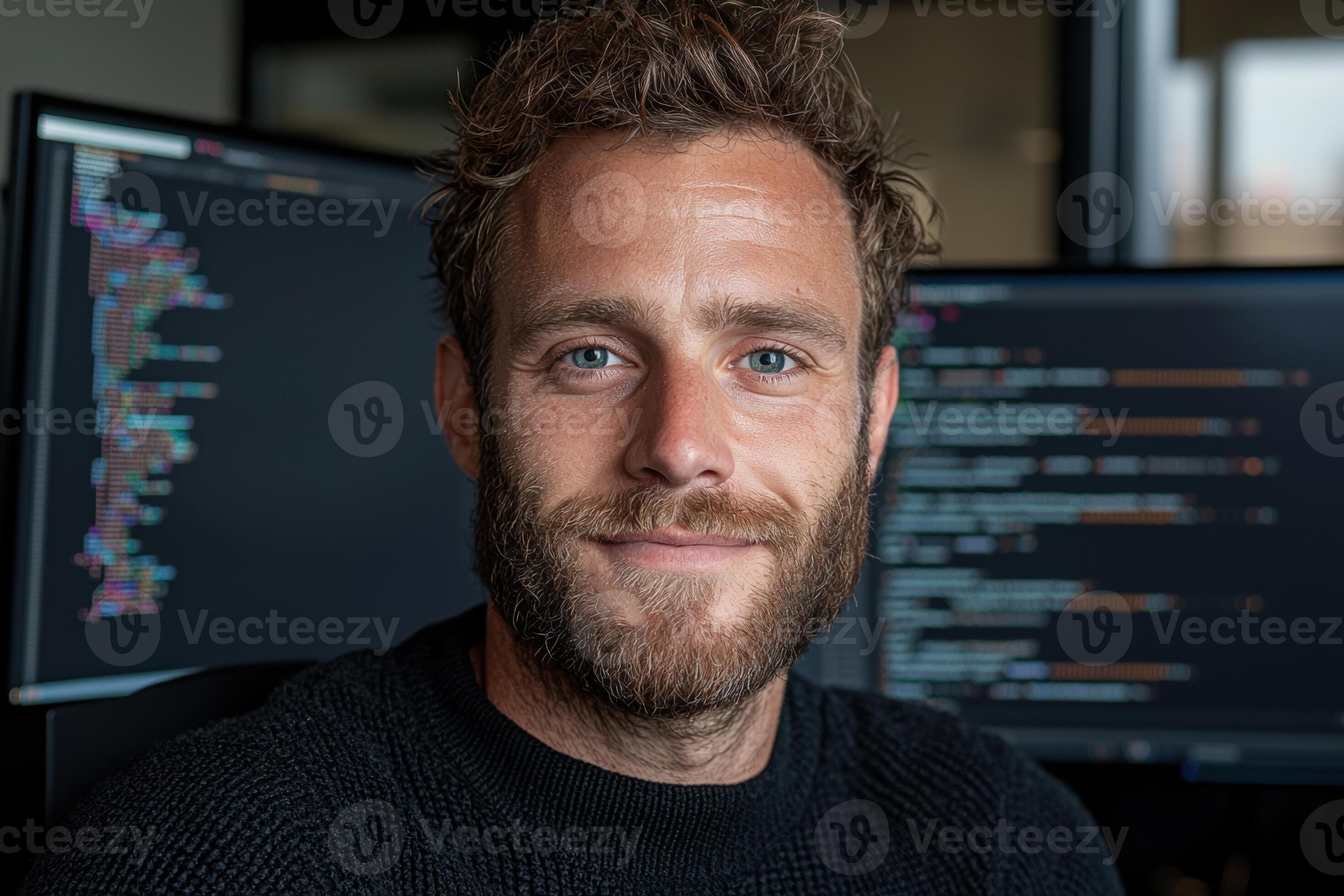Portrait of a smiling programmer in front of his computer screens ...