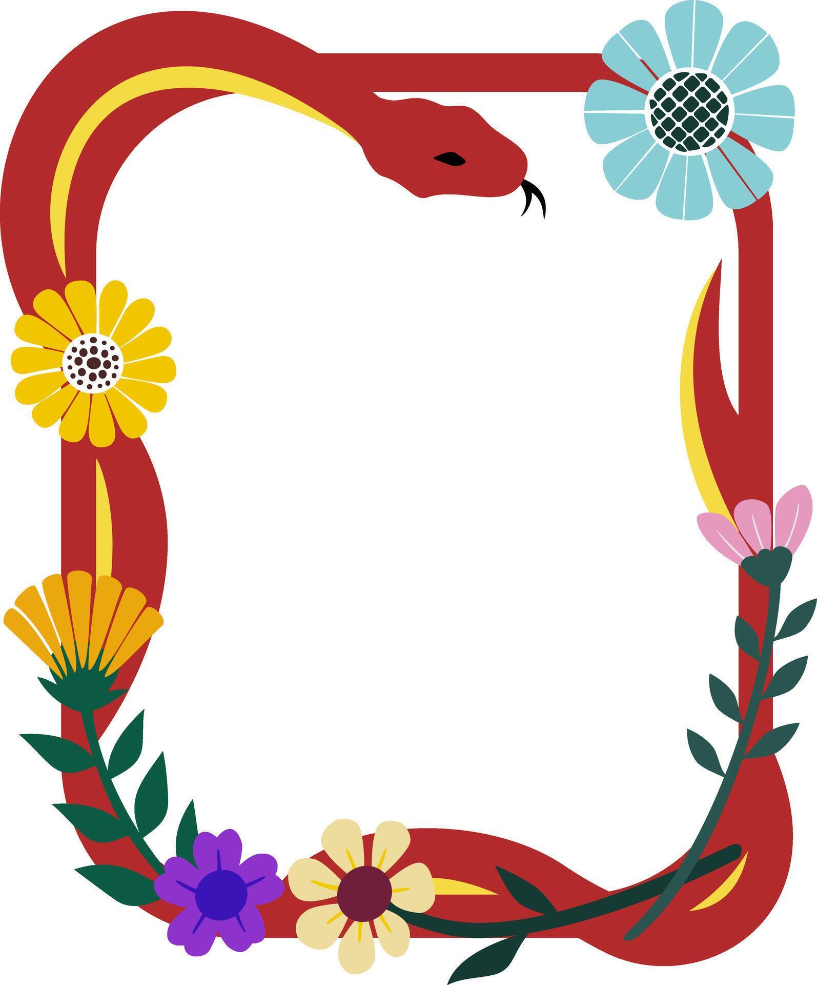 An artistic floral rectangle frame featuring a red snake intertwined with colorful flowers ...