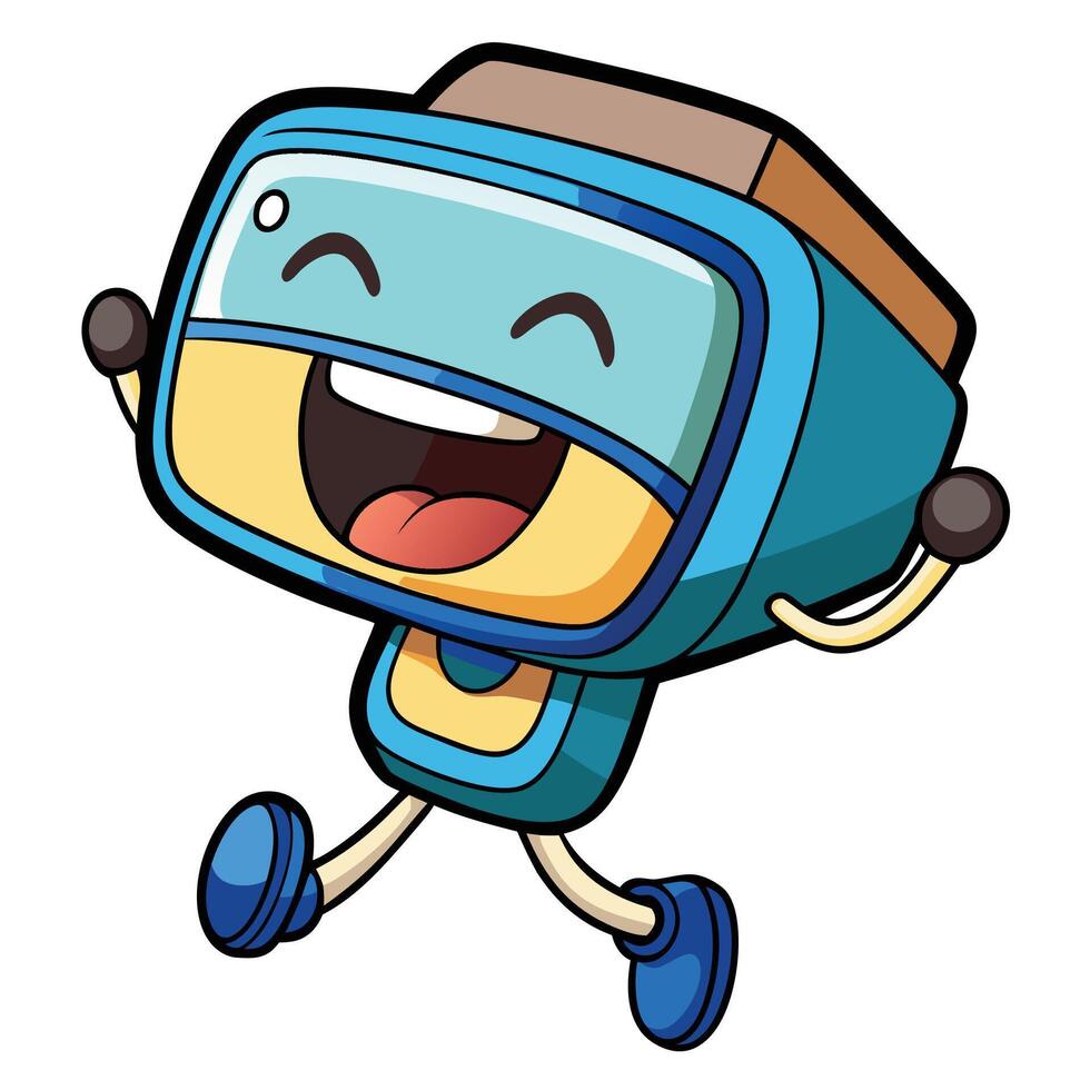 a cartoon robot running with a smile on his face white background ...