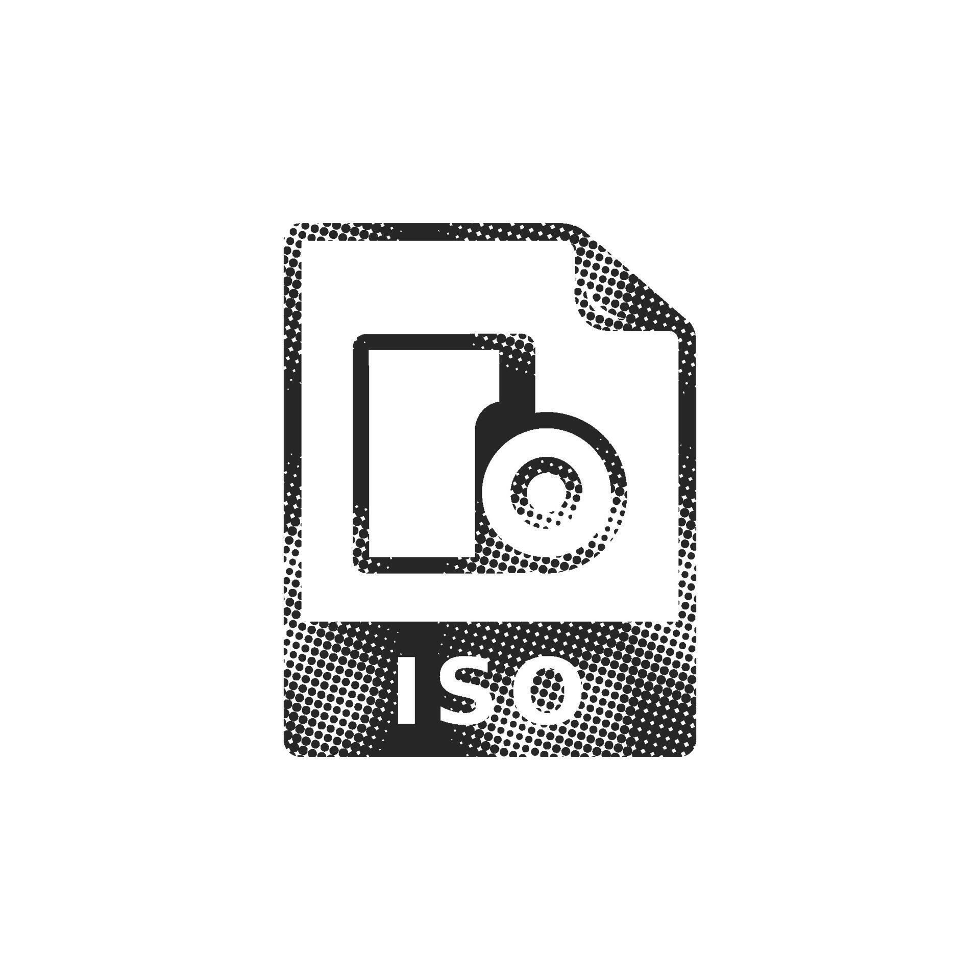 ISO file format icon in halftone style. Black and white monochrome ...