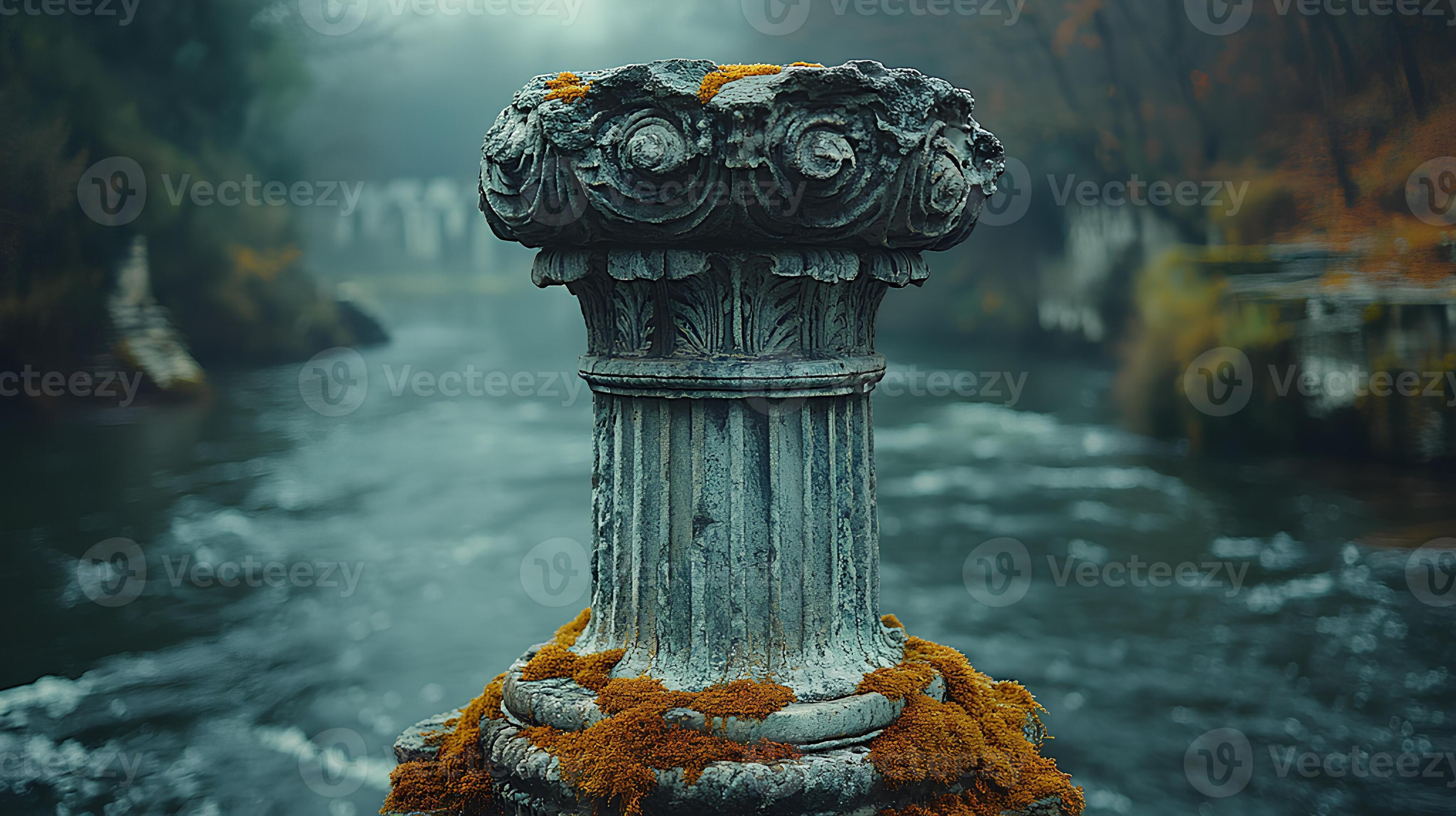 ancient Corinthian column standing amidst a river with fog rolling through the scene creating a ...