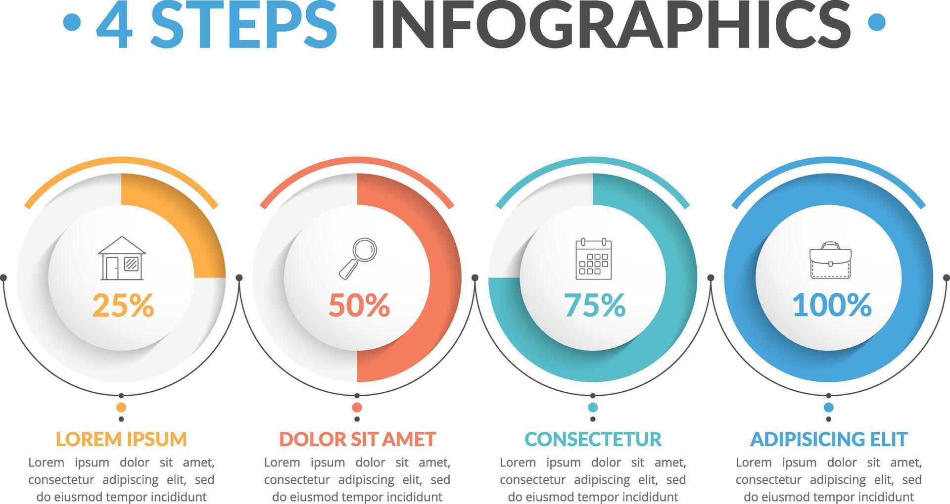 Infographic template with four round progress indicators, four steps infographics, workflow ...