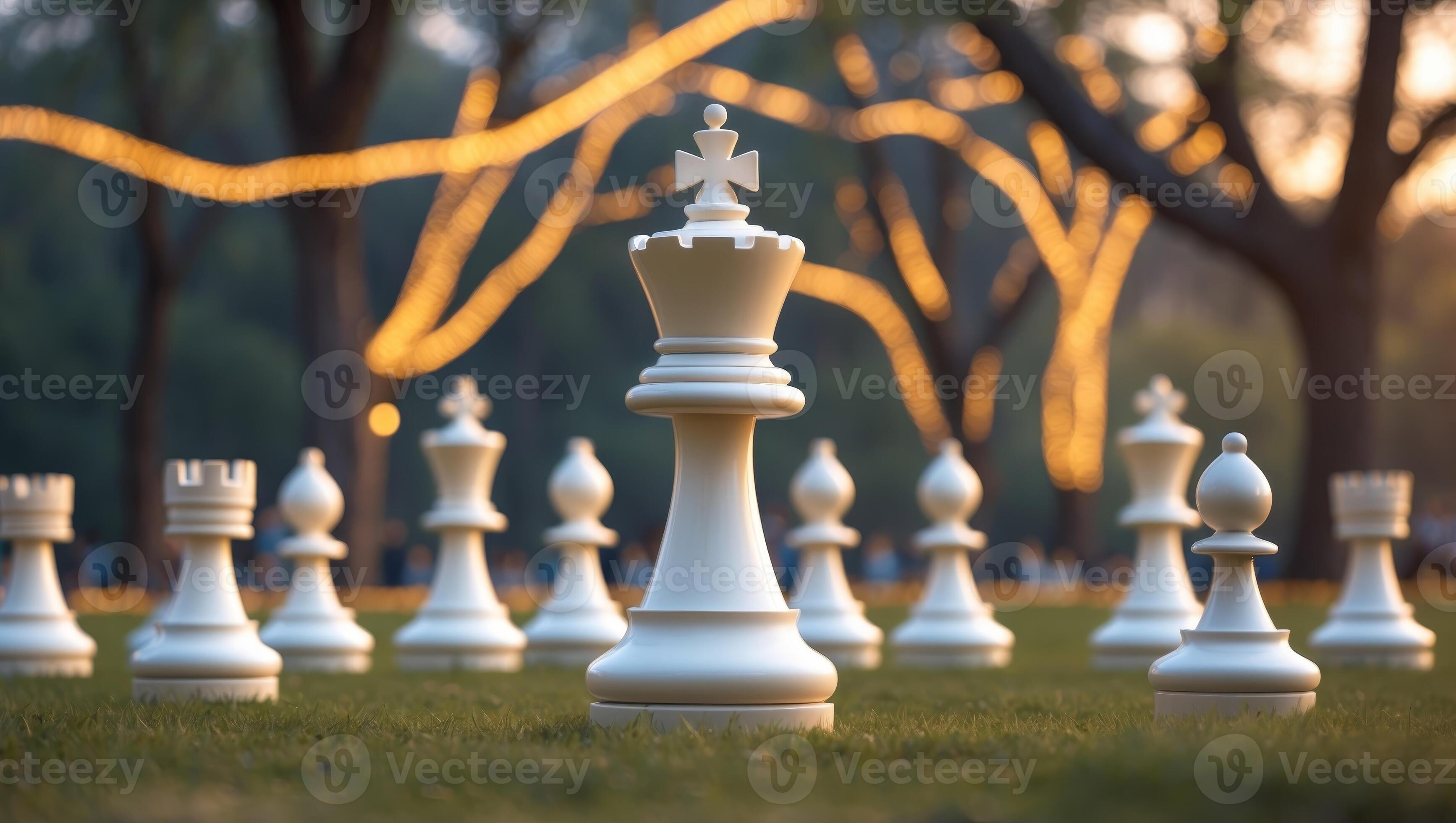 Giant chess set in a park during twilight with illuminated trees lining the background and a ...