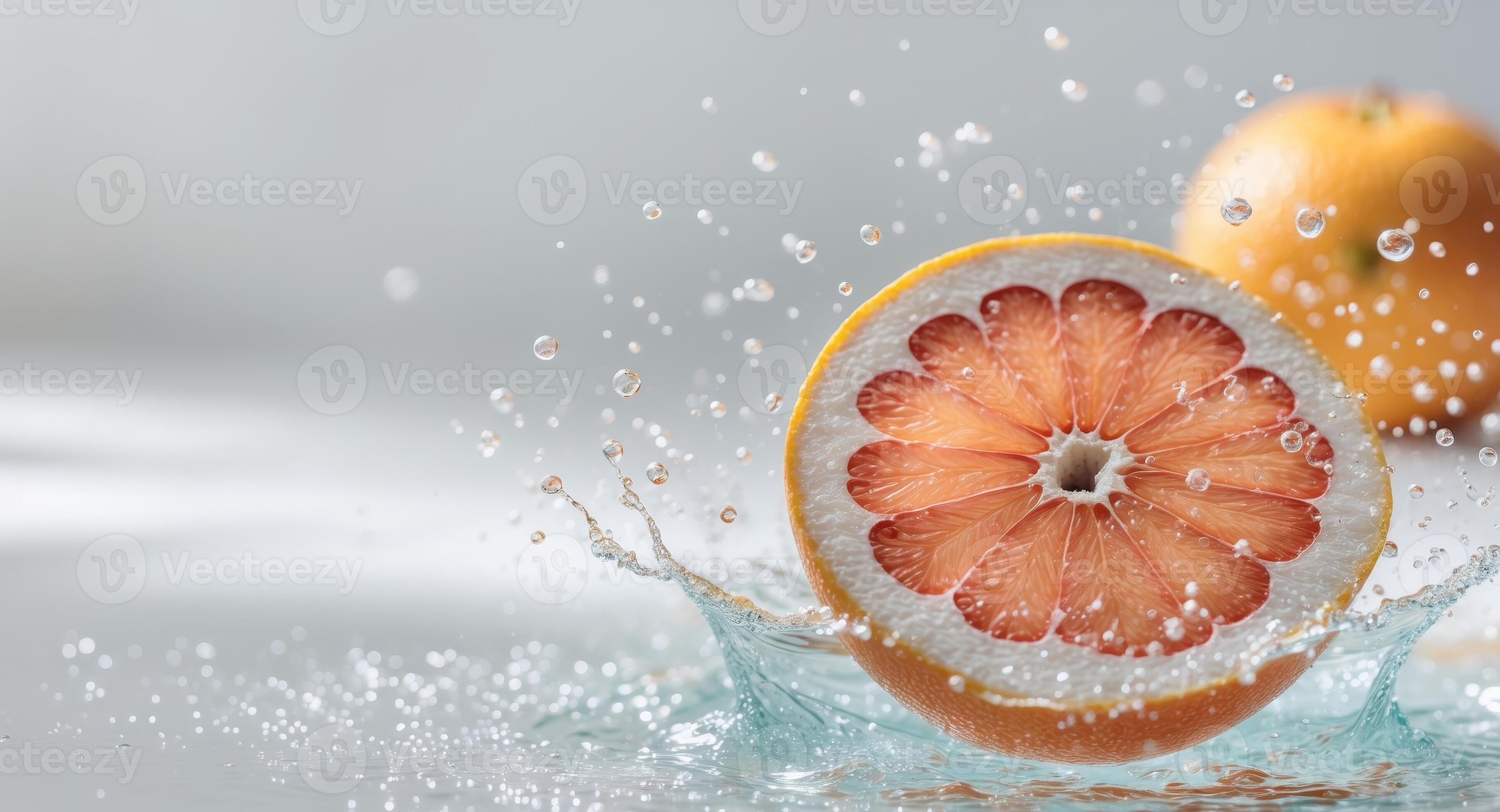 Fresh Grapefruit Slice Bubbles in Clear Sparkling Water SplashFresh Grapefruit Slice Bubbles in ...