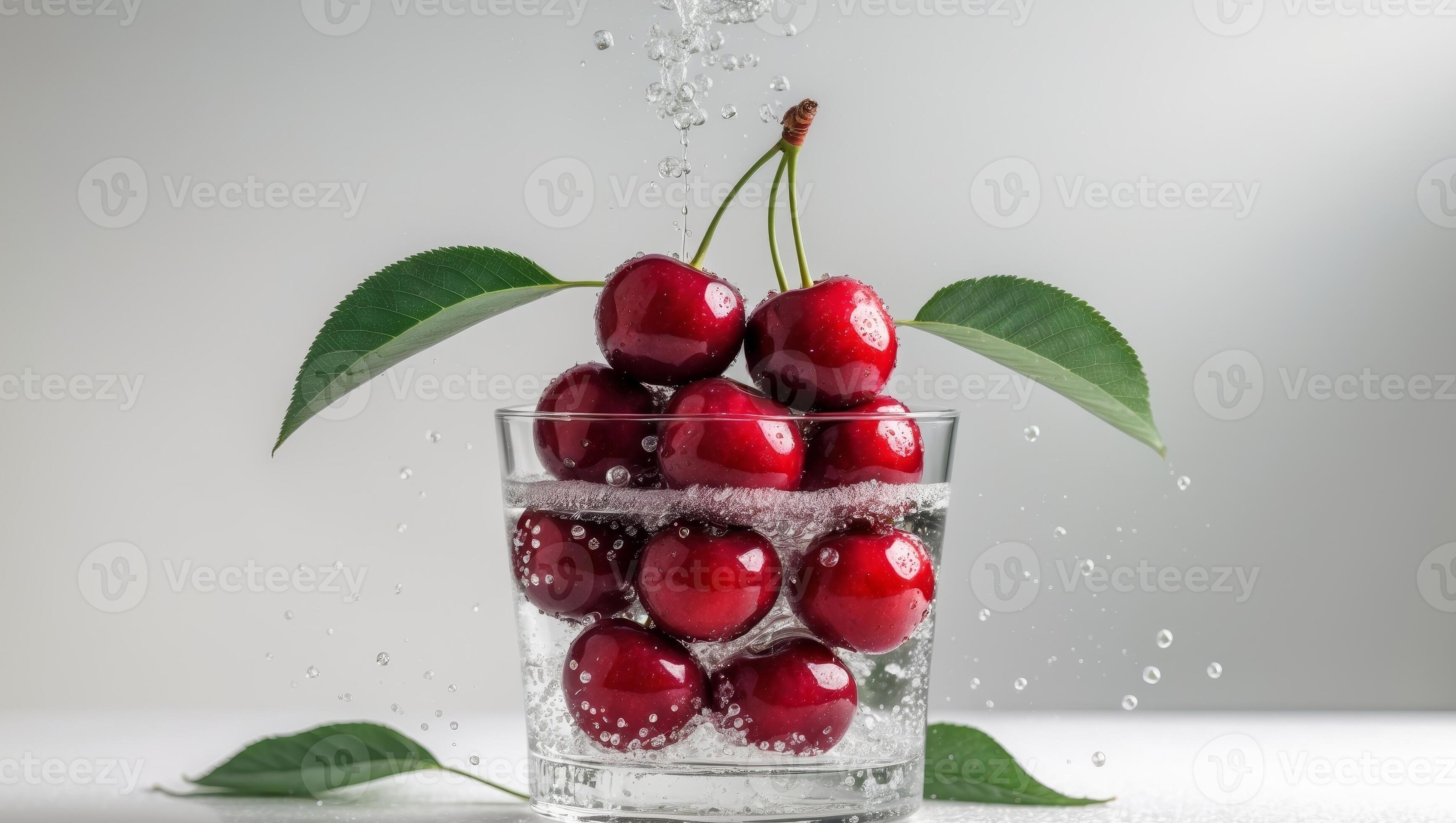 Fresh cherries submerged in sparkling water with bubbles and green leaves 55046740 Stock Photo ...