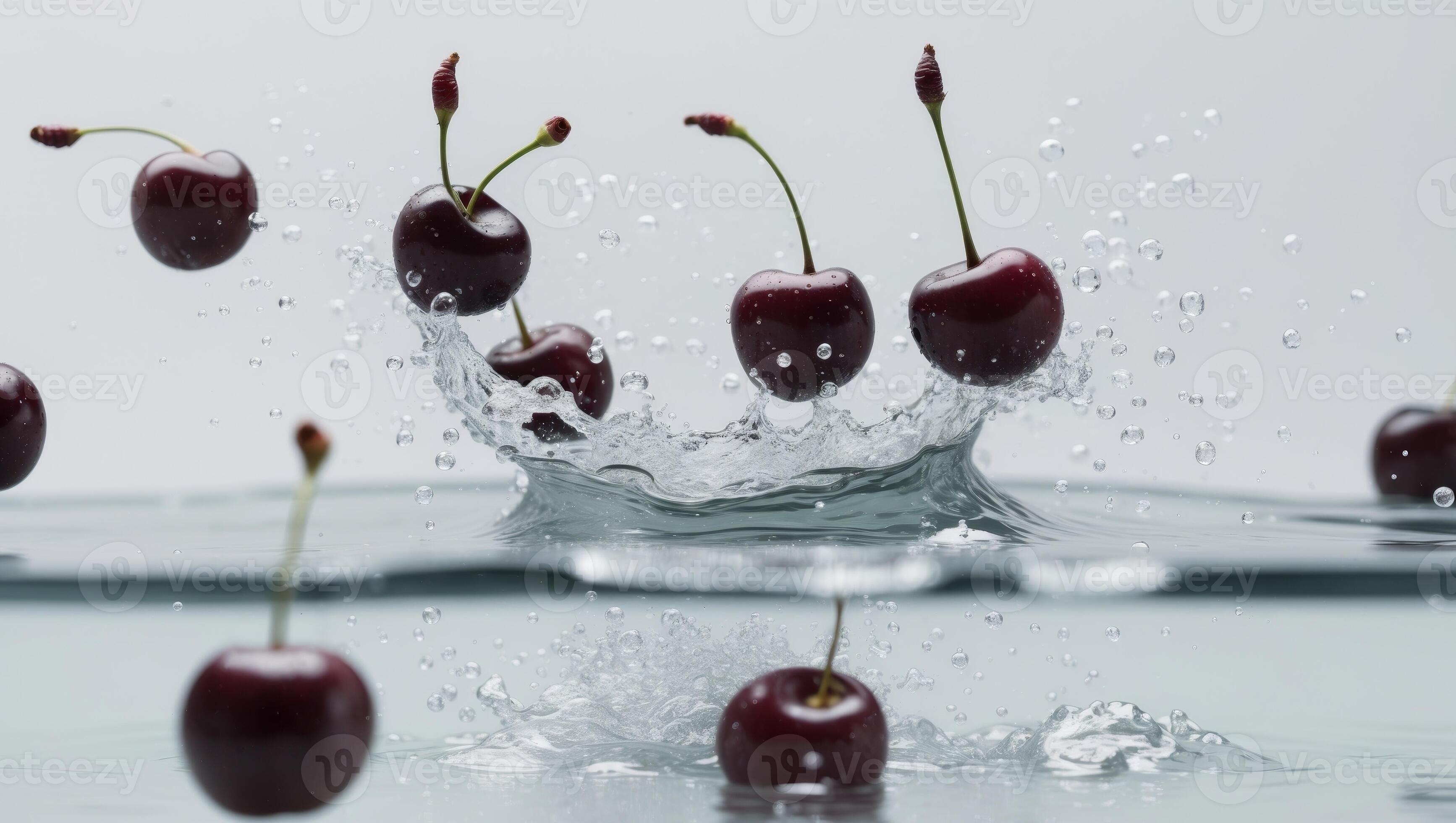 Fresh Dark Cherries Splashing in Clear Water with Bubbles and RipplesFresh Dark Cherries ...
