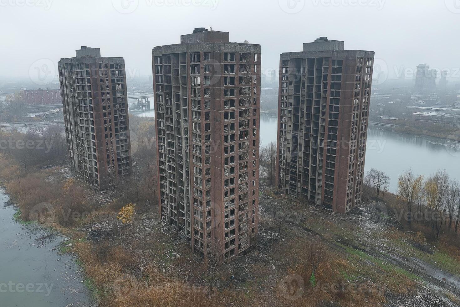 Three Destroyed Buildings Stand Beside A River 55054922 Stock Photo at ...