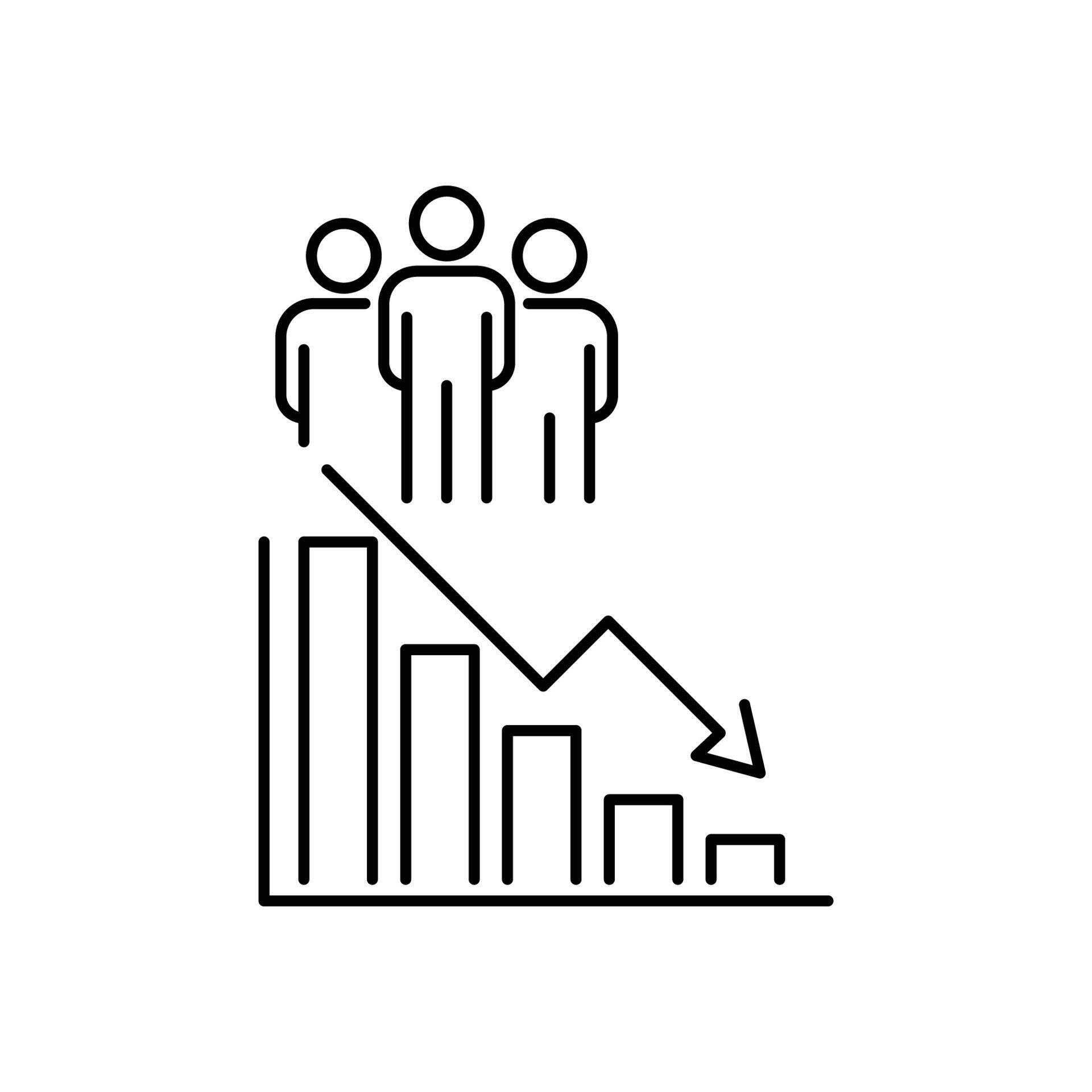 decrease population icon, less people, decline amount, demography drop, thin line symbol on ...