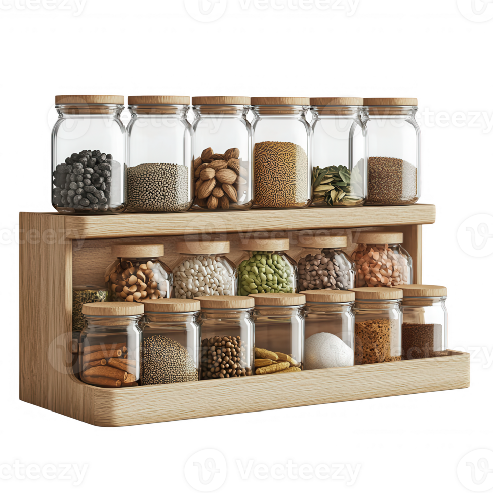 A wooden spice rack displaying jars filled with various grains and spices. 55058920 PNG
