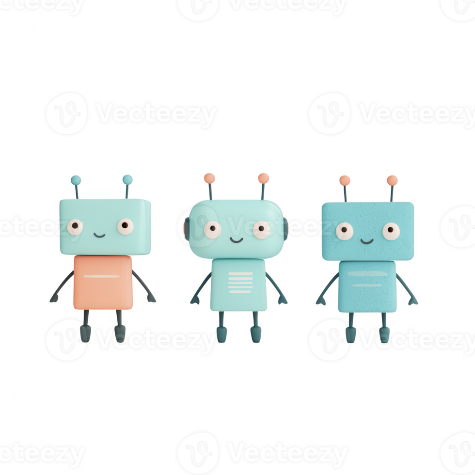 Three cheerful robots with quirky designs and bright colors, perfect for playful themes ...
