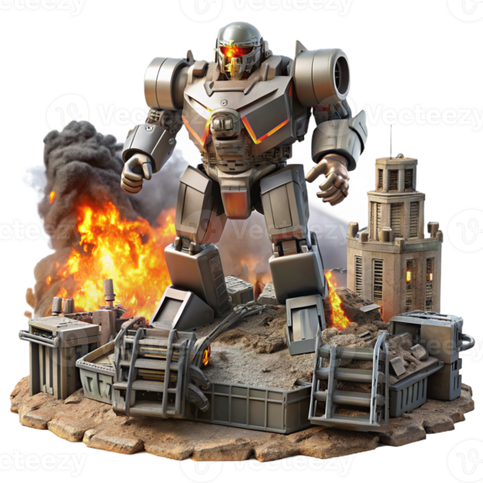 Giant Mech Robot Wreaking Havoc in Urban Battlefield Diorama 55060008 PNG