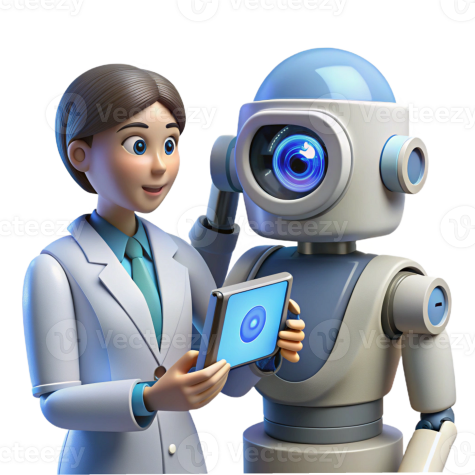 Ai Collaboration Scientist And Robot Analyzing Data On Tablet 55060060 Png