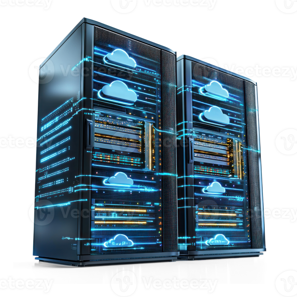 3D cloud data connect with modern Network server racks side view ...