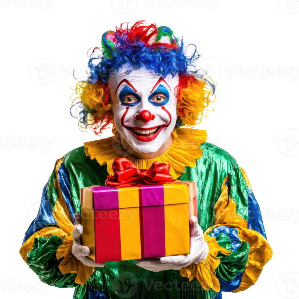Smiling clown holding gift box, standing front view isolate on ... Smiling clown holding gift box, standing front view isolate on ...