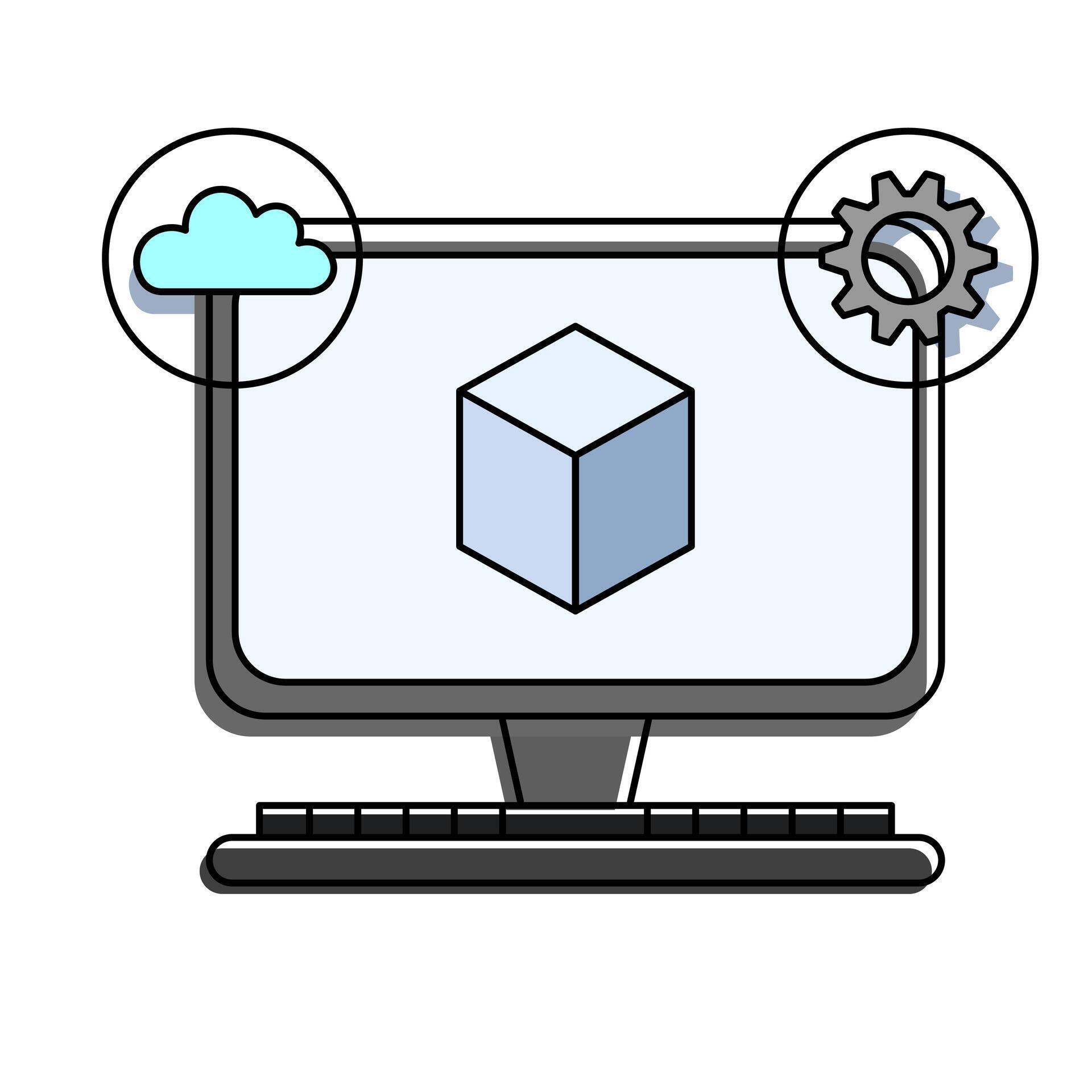 Virtual machine VM, a computer screen showing cubes, cloud icons, and ...