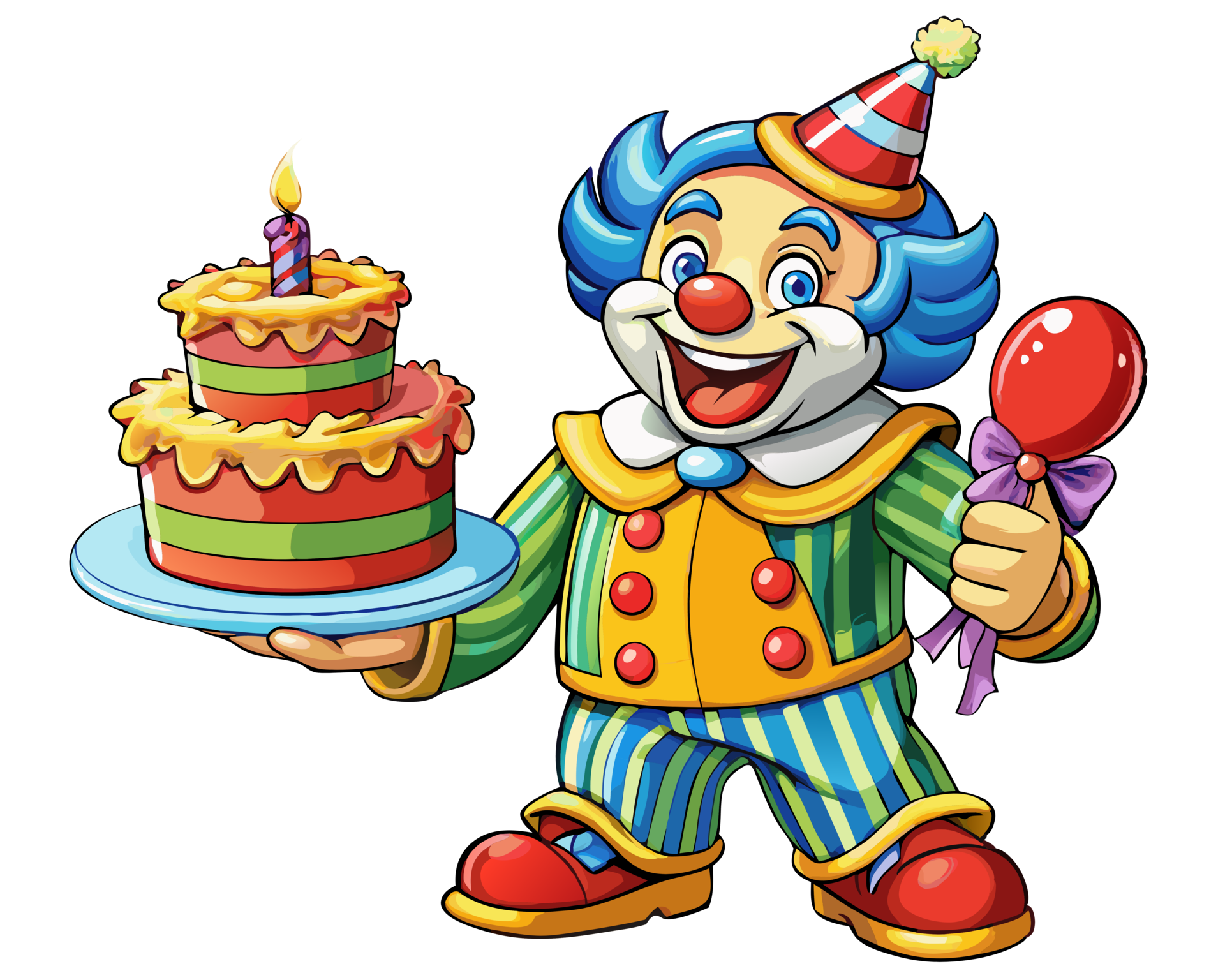 Clown showcasing a beautifully decorated birthday cake 55086126 PNG