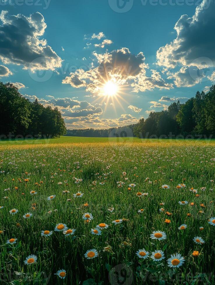 A vibrant field of daisies under a sunny sky with clouds, capturing ...