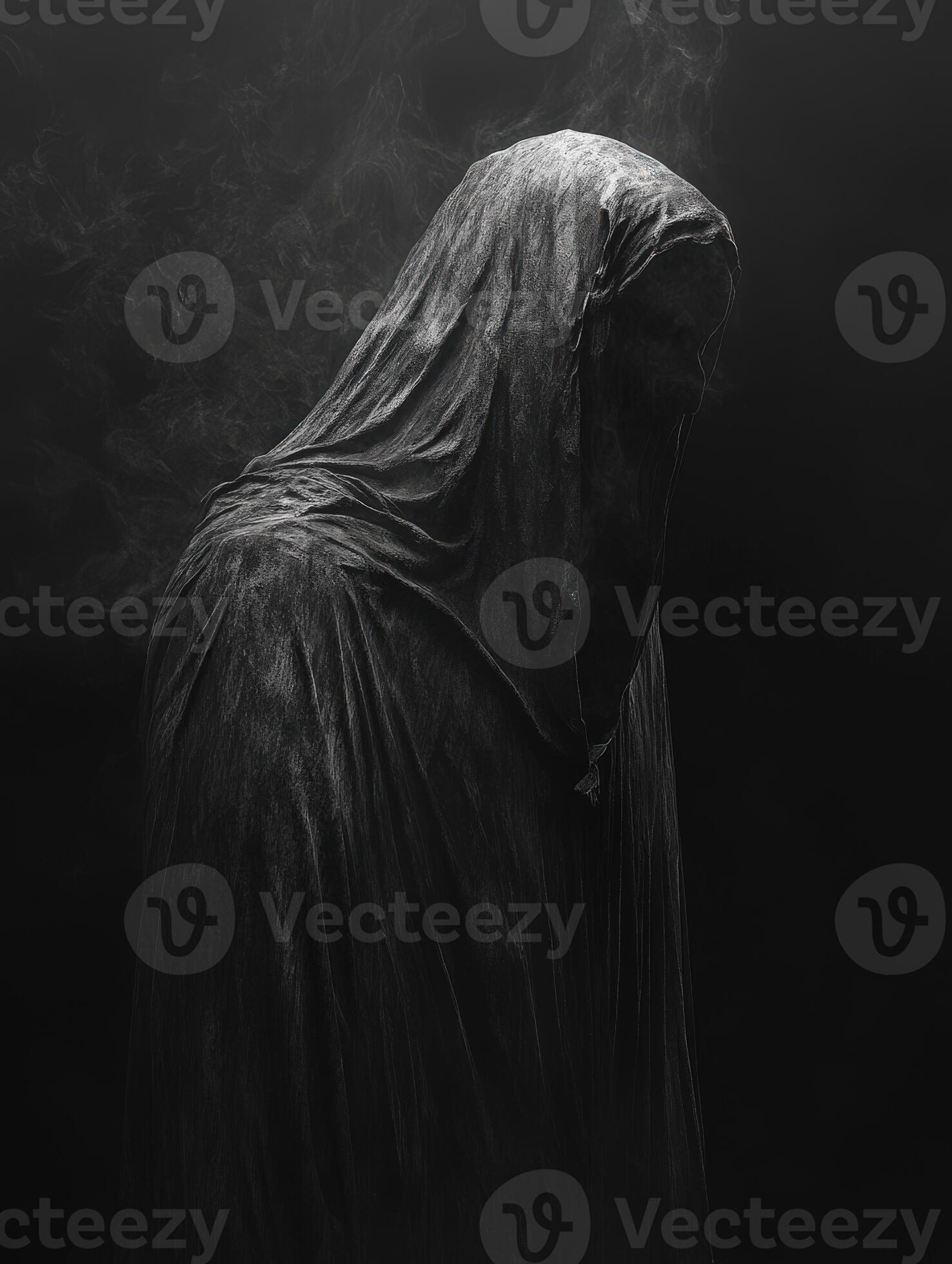 Mysterious hooded figure shrouded in smoke in dark setting 55090134 Stock Photo at Vecteezy