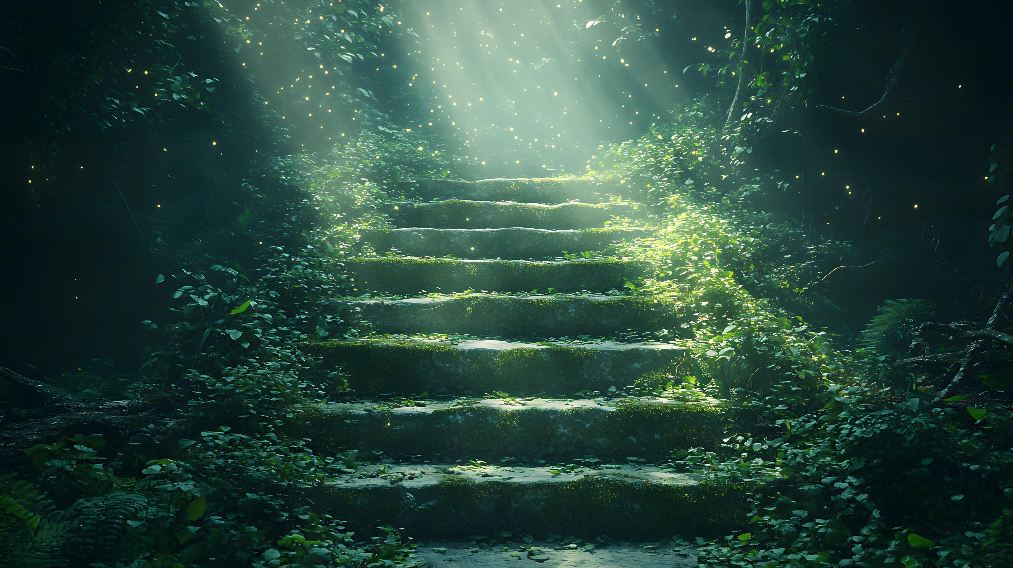 Mystical forest pathway features moss-covered stone steps leading through dense foliage, with ...
