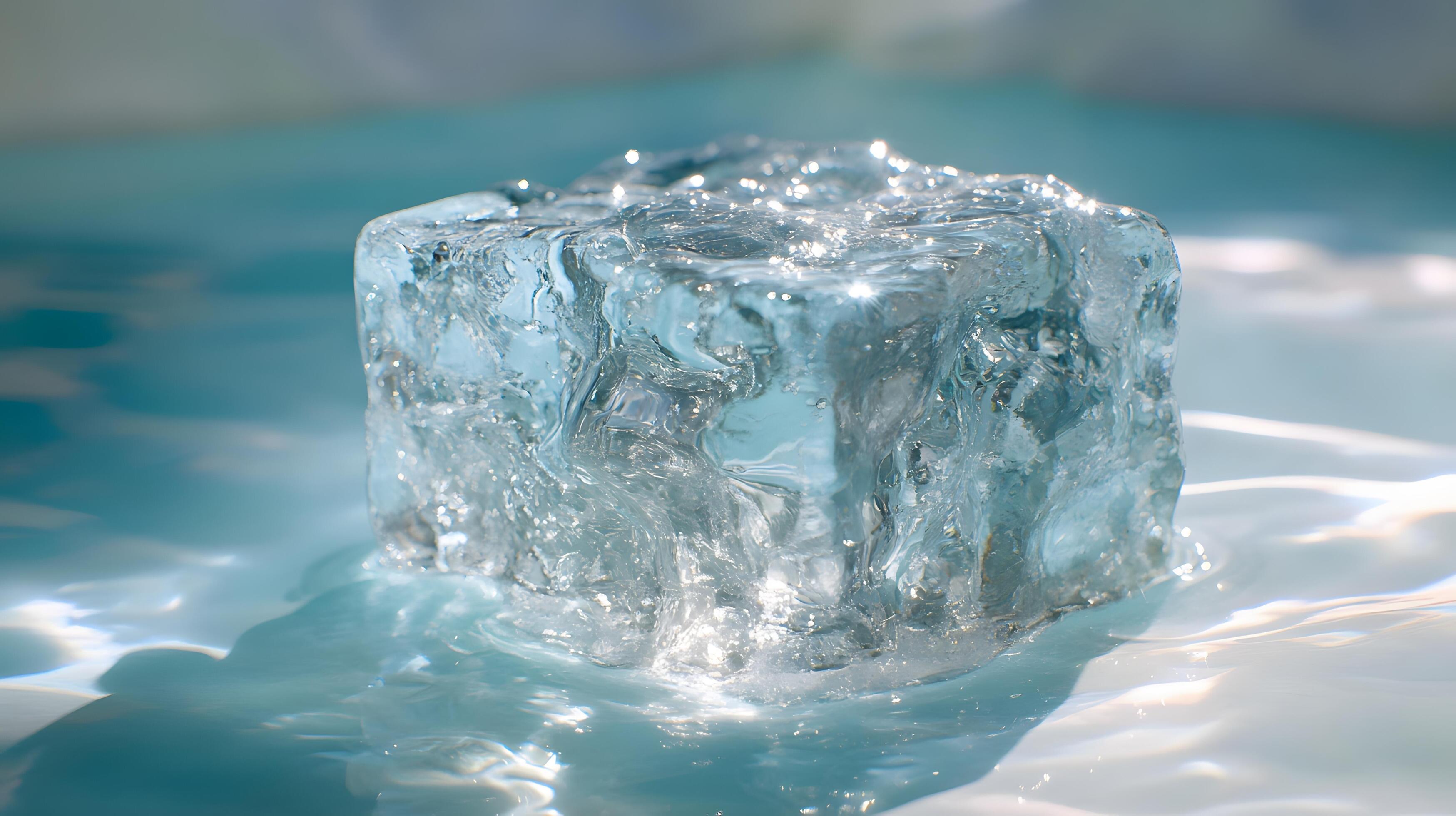 Transparent ice cube melts against light blue backdrop, showcasing crystal clarity and water ...