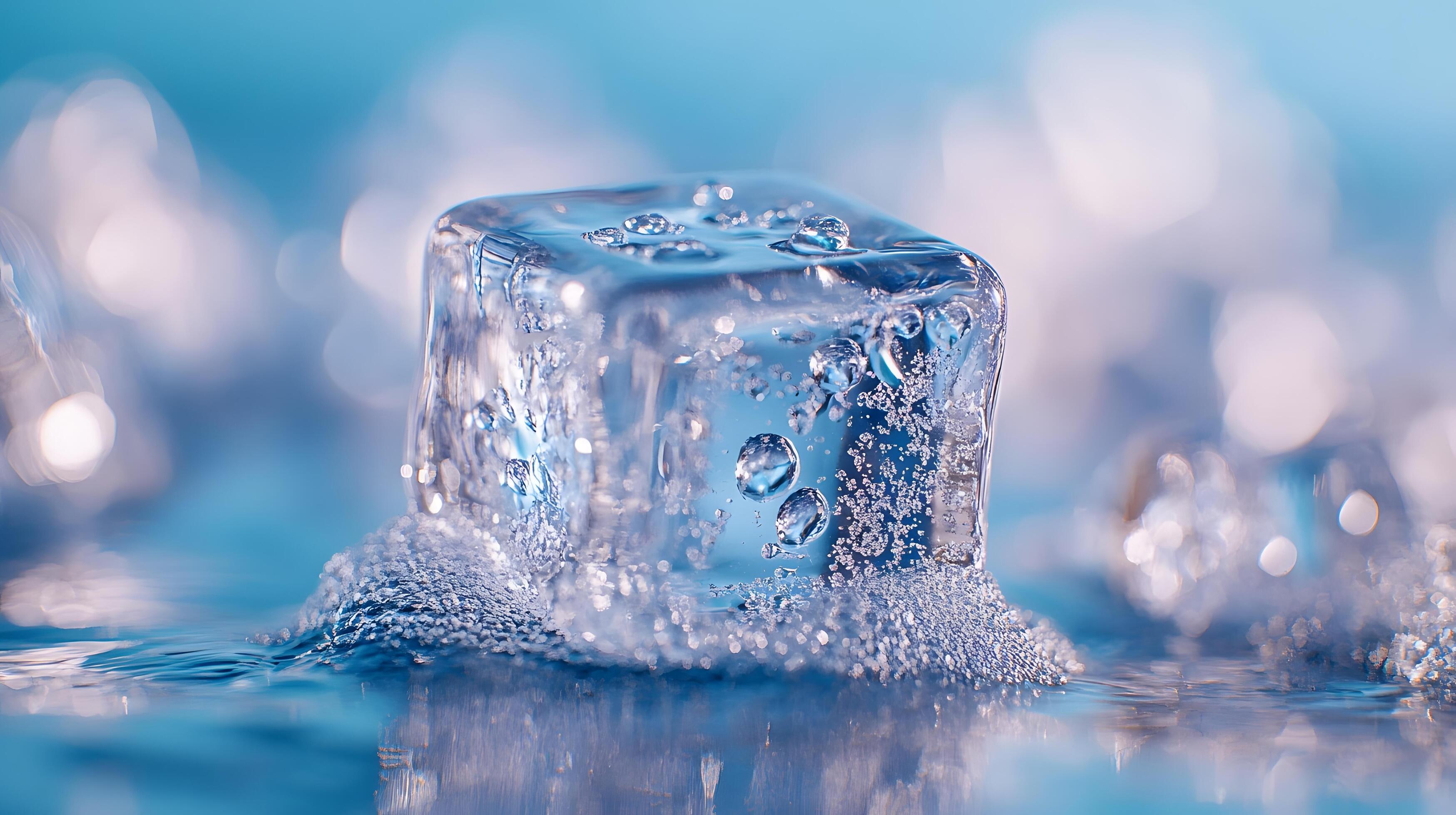 Transparent ice cube melts against light blue backdrop, showcasing crystal clarity and water ...