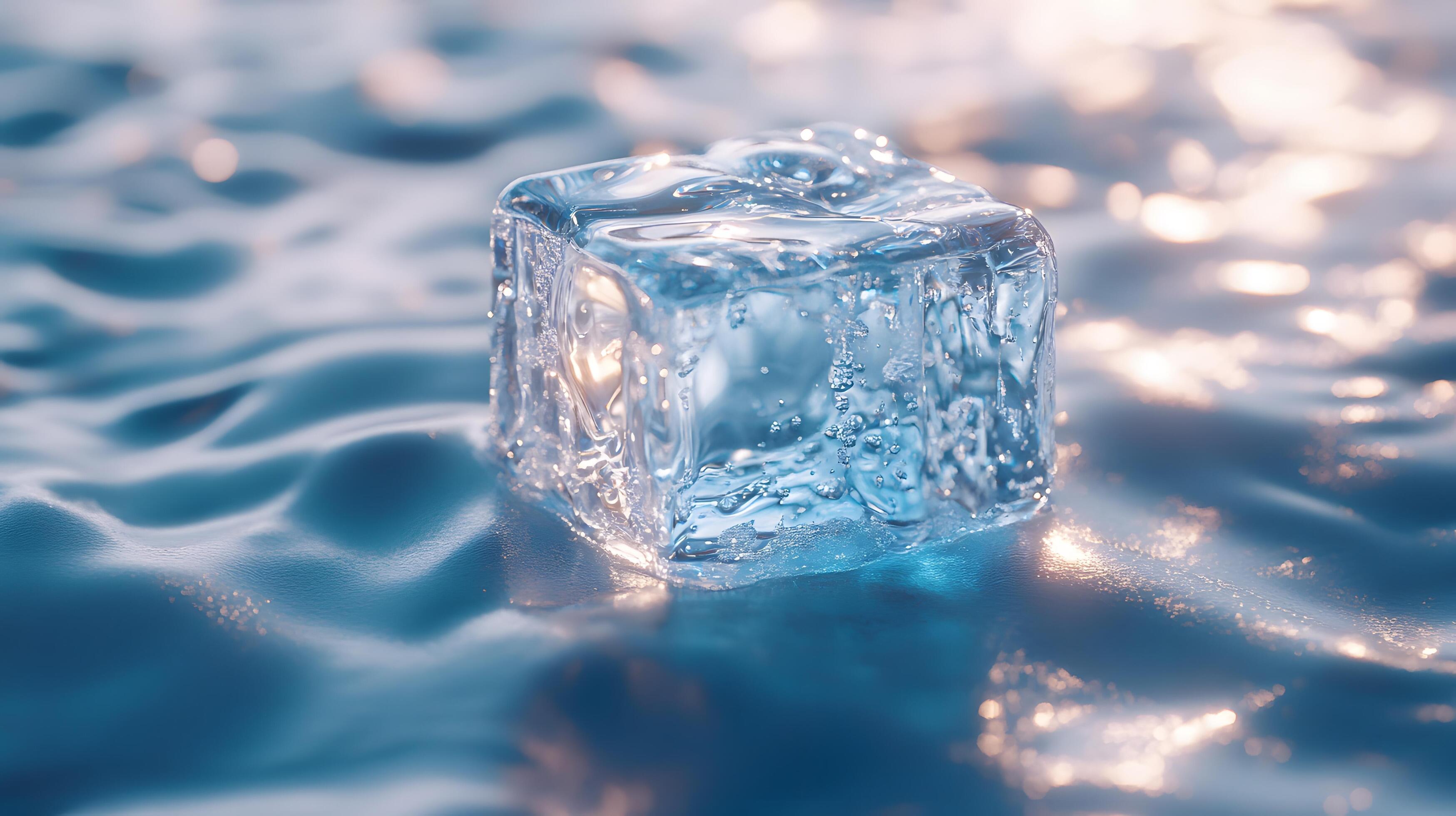 Transparent ice cube melts against light blue backdrop, showcasing crystal clarity and water ...