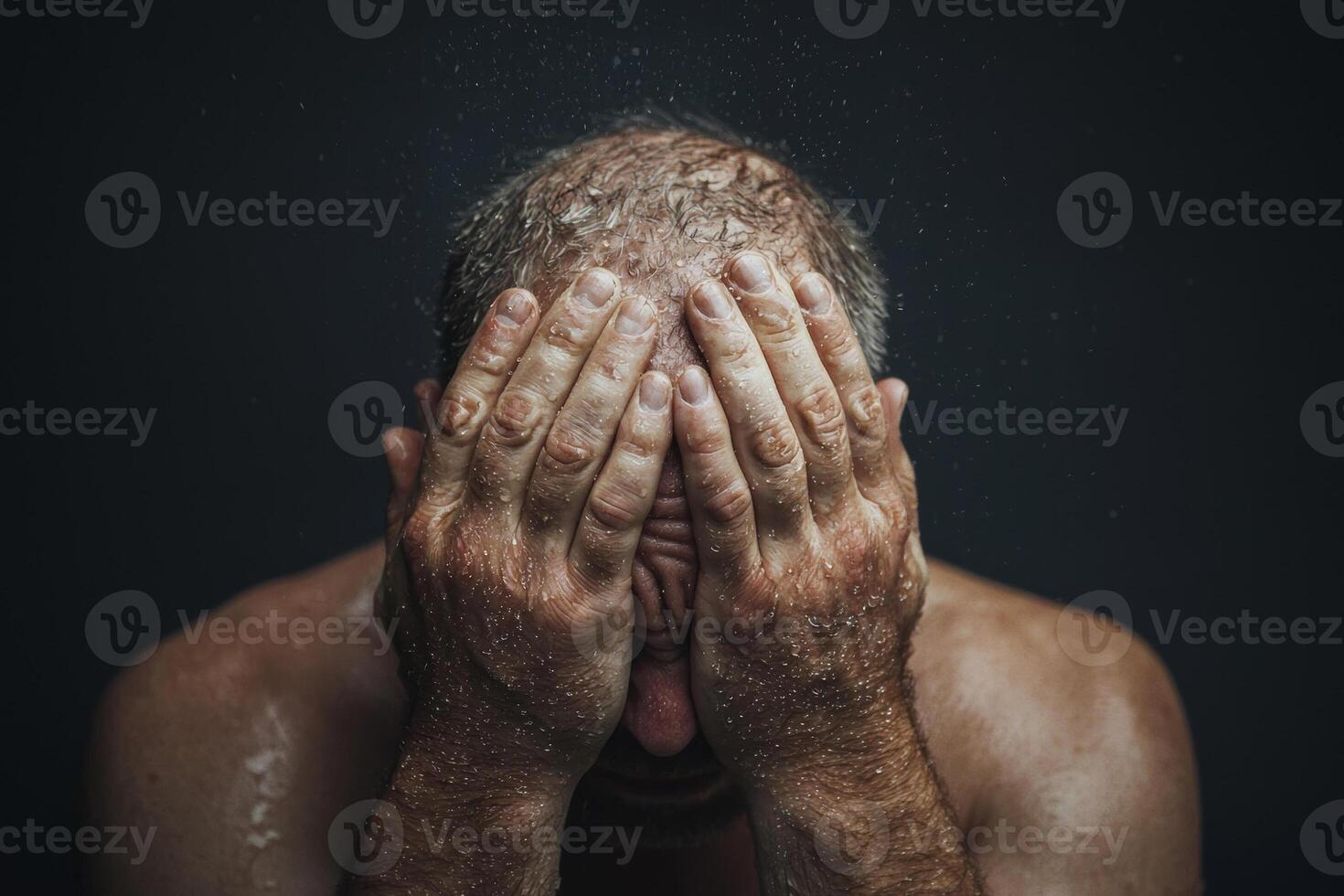 A man expresses deep emotion and distress while covering his face with hands, water droplets ...