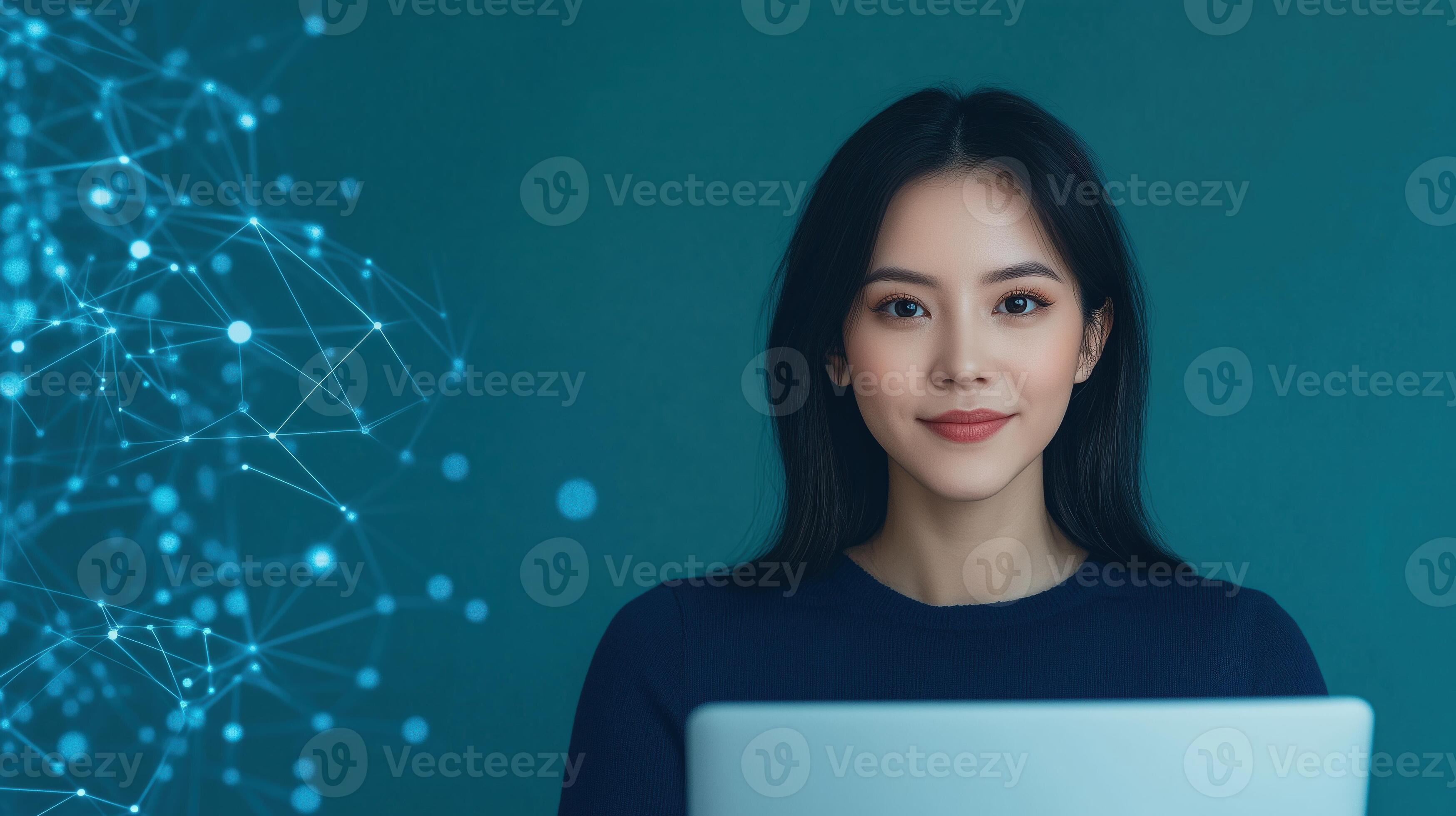 Young Woman Using Laptop with Futuristic Interface Background for Technology Innovation, Digital ...