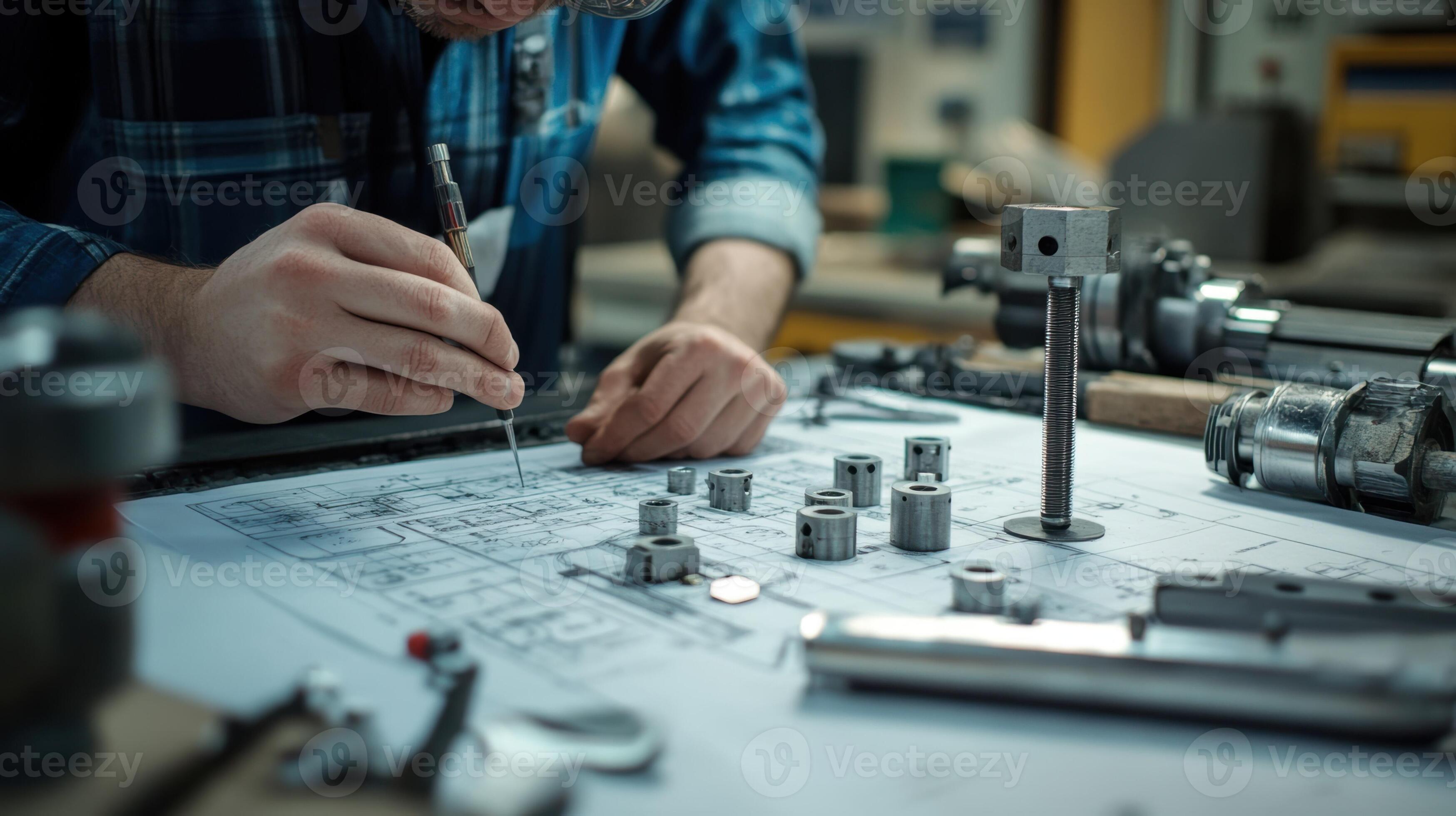 Engineer working on a technical drawing comparing with mechanical parts ...