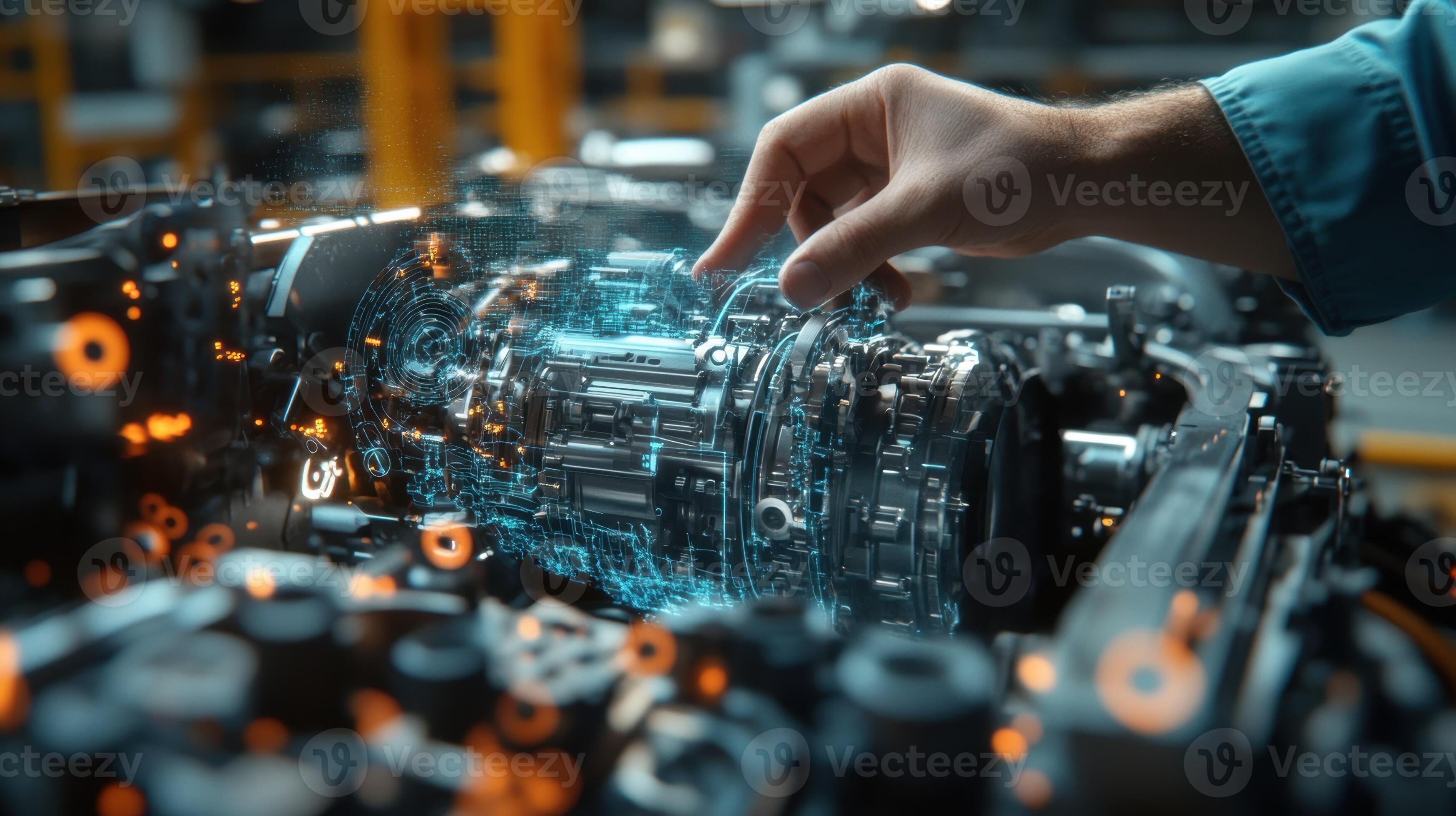 Engineer interacting with holographic engine using augmented reality interface in futuristic ...